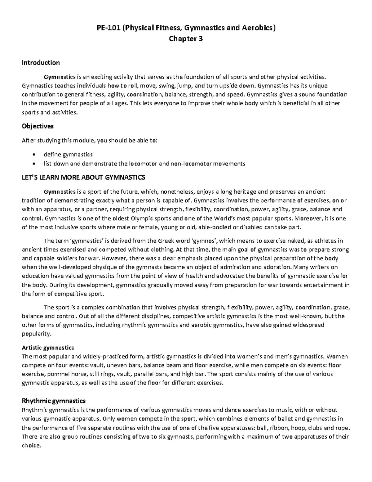 PE101 Chapter 3 (Gymnastics) - PE-101 (Physical Fitness, Gymnastics and Aerobics) Chapter 3 ...