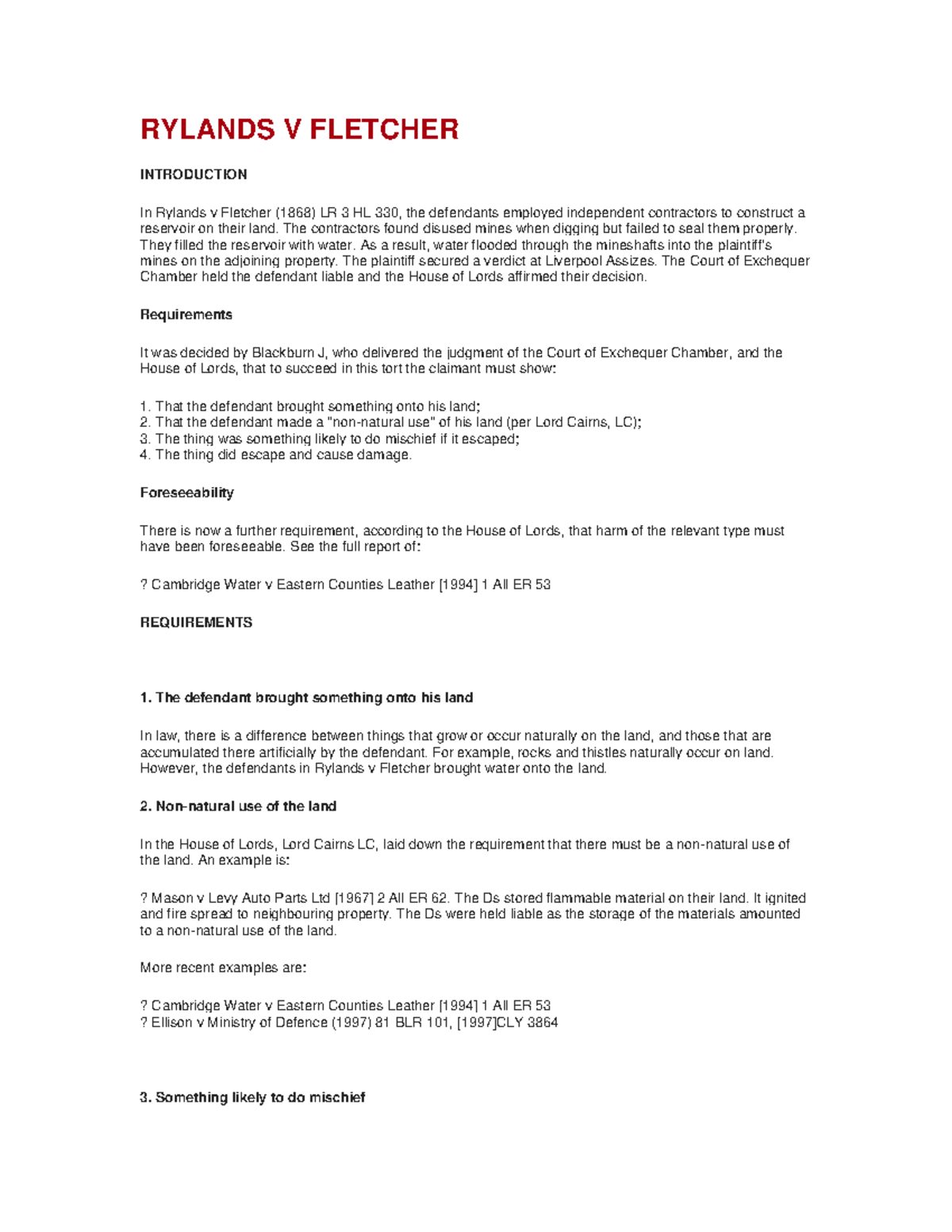 Rylands v Fletcher Case Notes - RYLANDS V FLETCHER INTRODUCTION In ...
