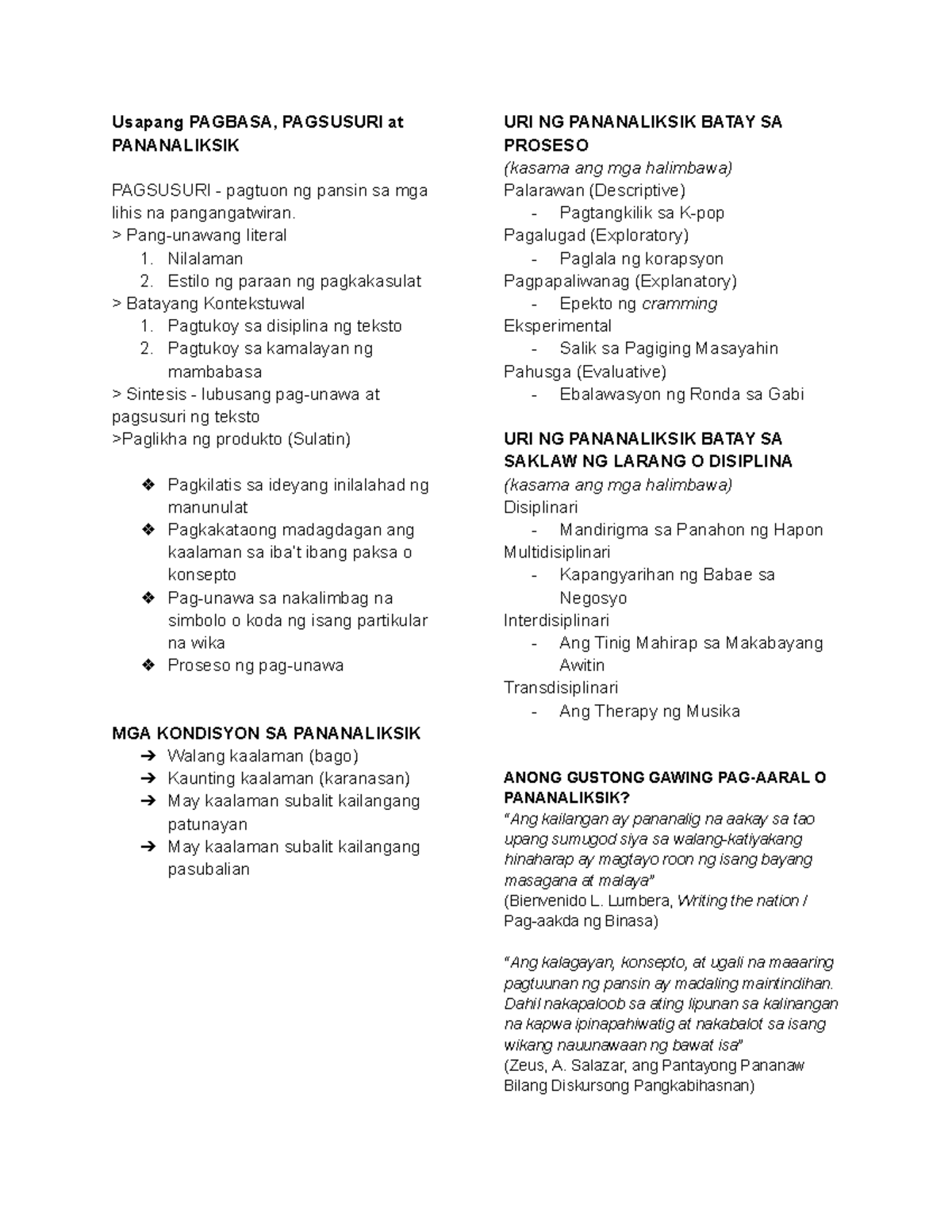 IPP 0010 - Midterms Notes - Usapang PAGBASA, PAGSUSURI at PANANALIKSIK ...