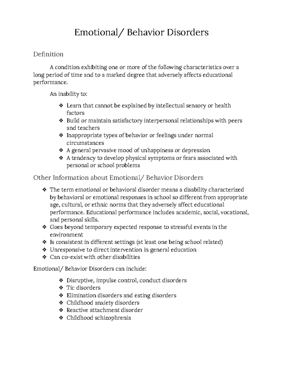 Emotional Behavior Disorders Summary Page - Emotional/ Behavior ...
