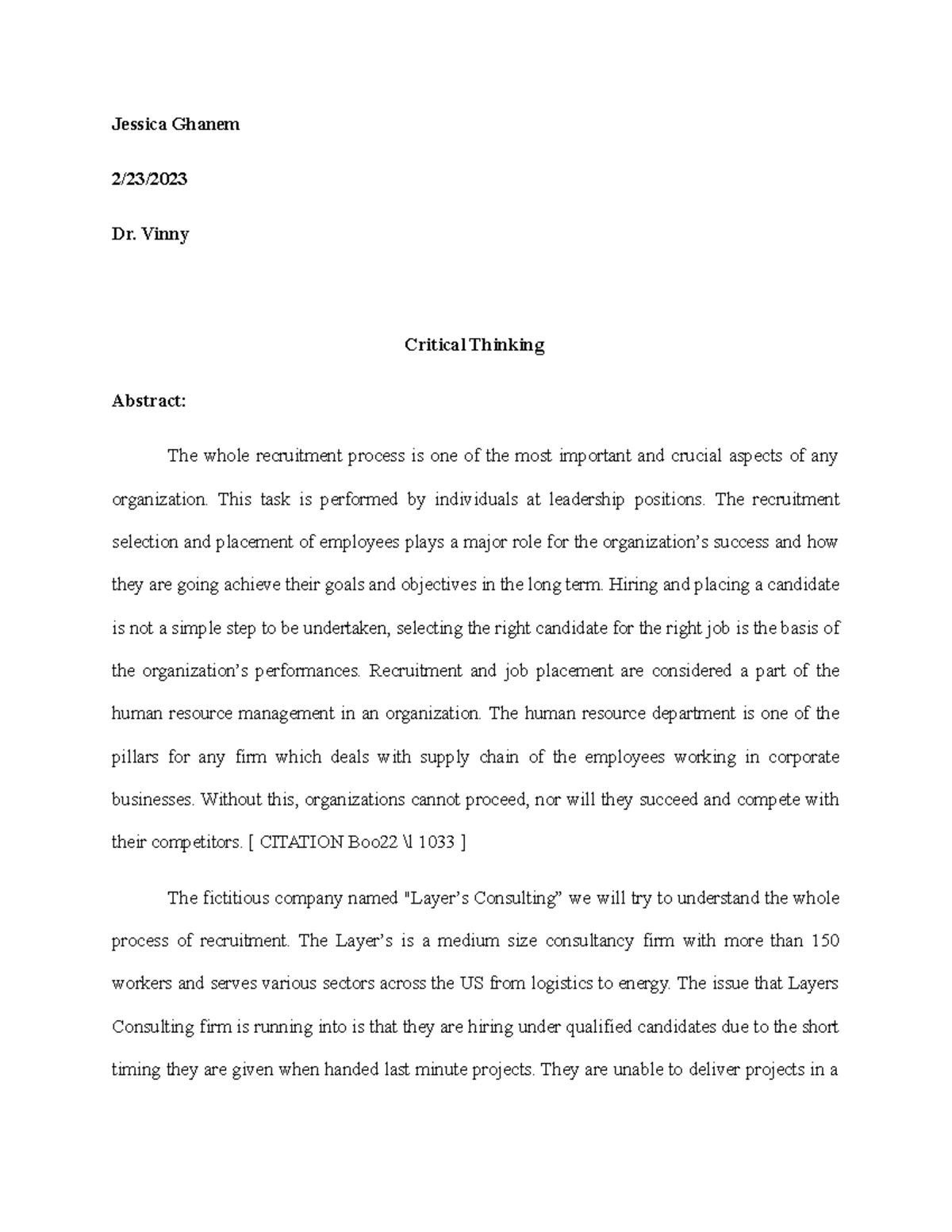 Human resource hiring - Jessica Ghanem 2/23/ Dr. Vinny Critical ...