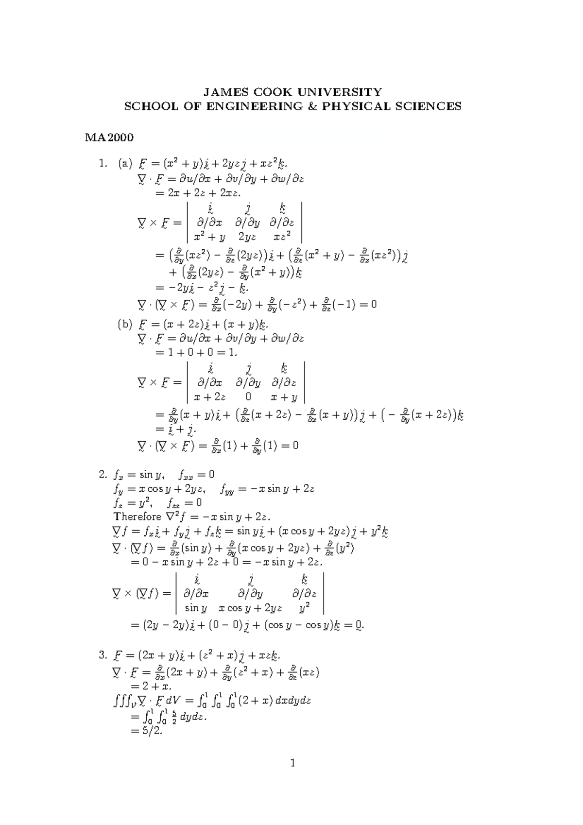 Solutions to Vector Calculus - JAMES COOK UNIVERSITY SCHOOL OF ENGINEERING & PHYSICAL SCIENCES ...