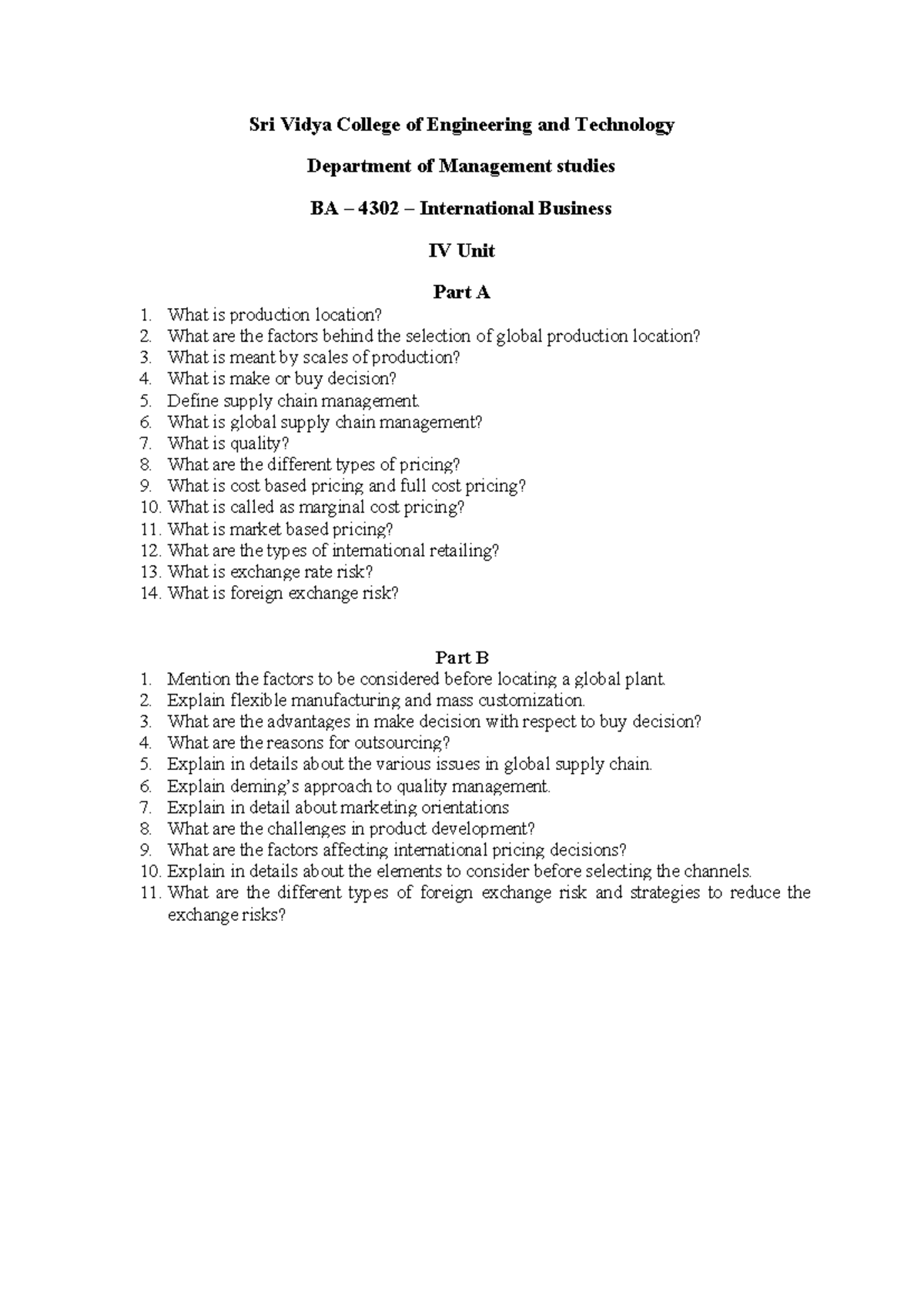 International Business Questions - IV Unit - 2021 regulations - Sri ...