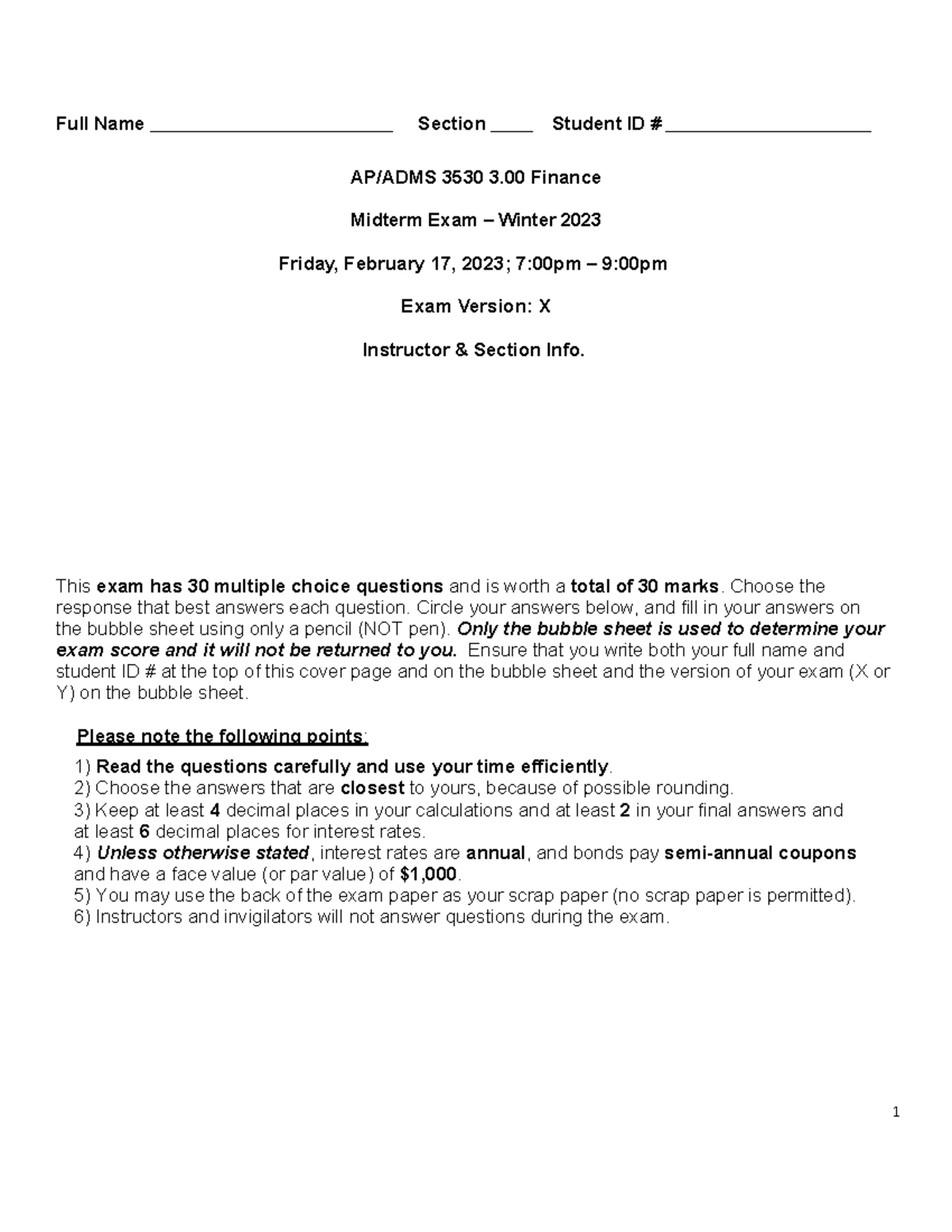 Sample - 3530-Midterm Exam-Questions W23 (post) - Full Name Section ...
