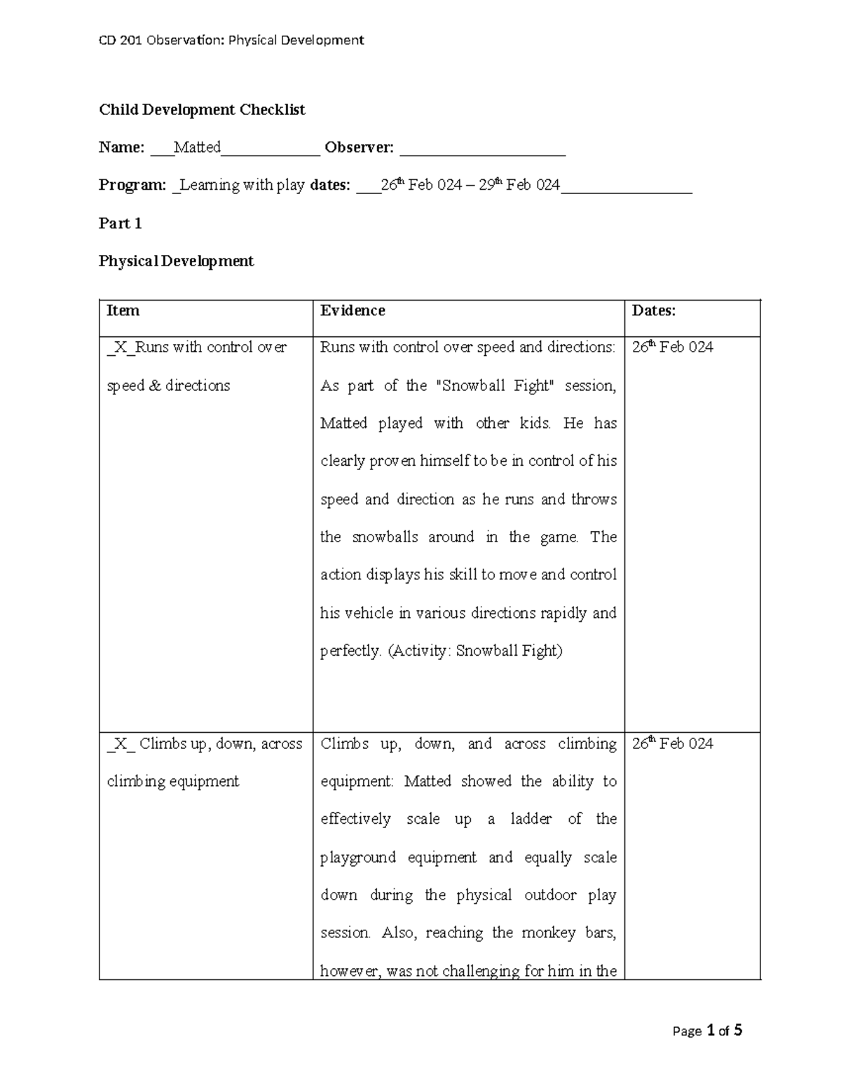 Physical Development Checklist observation - Child Development ...