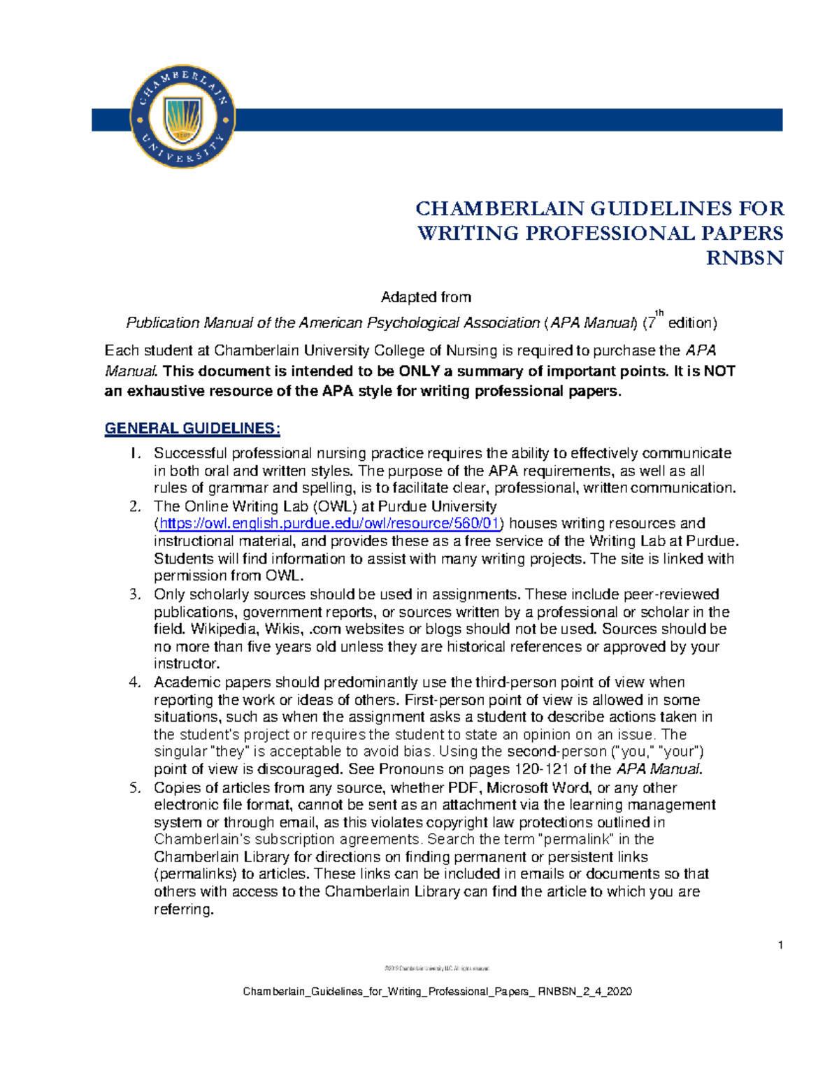 APA 7th Ed Chamberlain Guidelines for Papers-1 - 1 CHAMBERLAIN ...