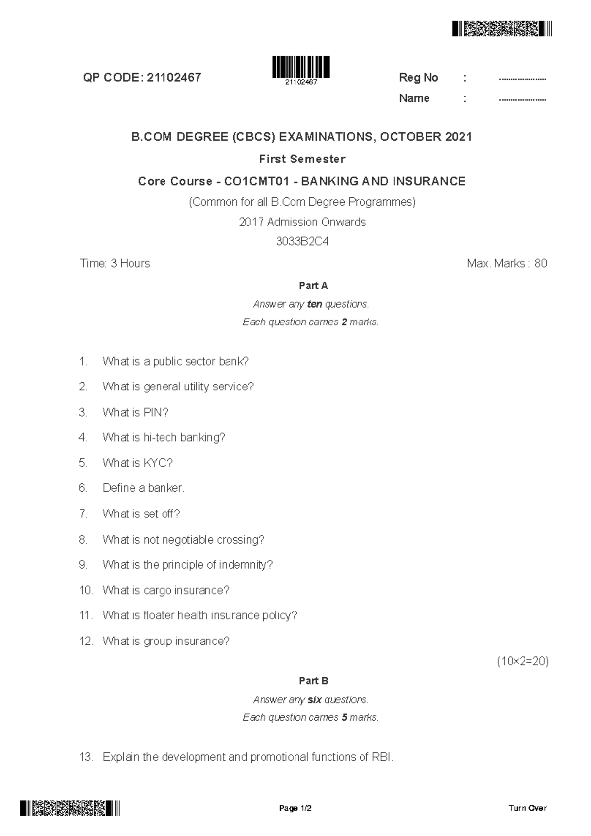 Bcom degree 1st sem examinations oct 2021 Banking and Insurance. - QP CODE: 21102467 Reg No ...