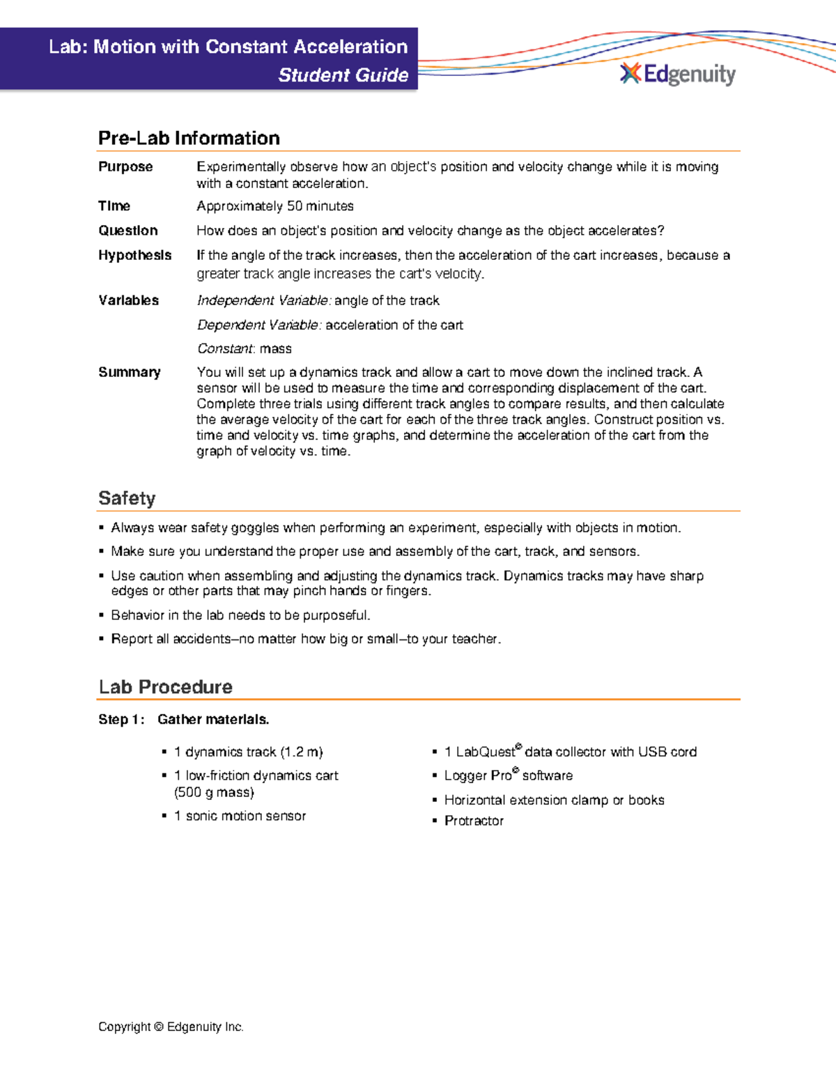 Final-Wet Lab Guide - Motion with Constant Acceleration- Student Guide ...