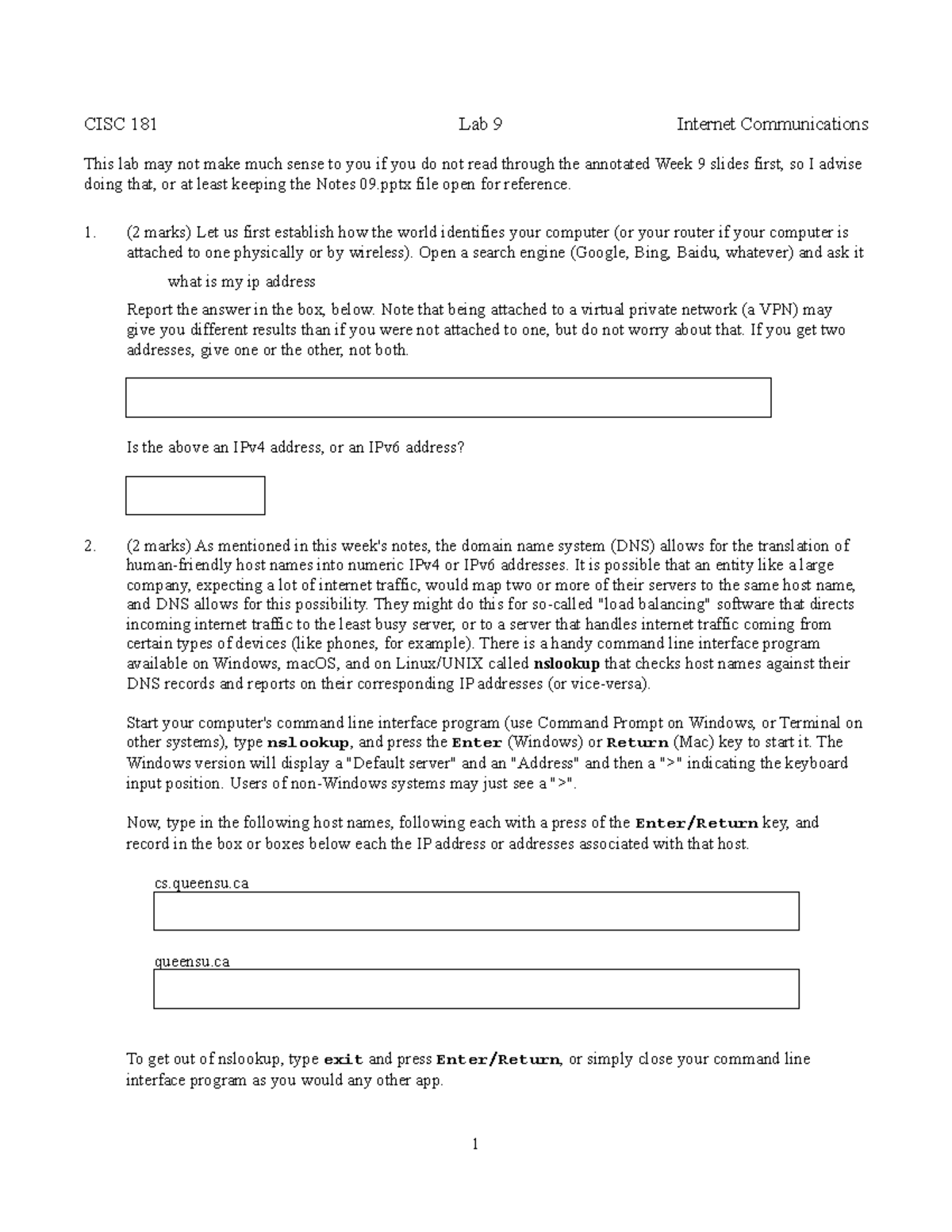 Lab 09 This Is The Notes For Cisc101 Cisc 181 Lab 9 Internet