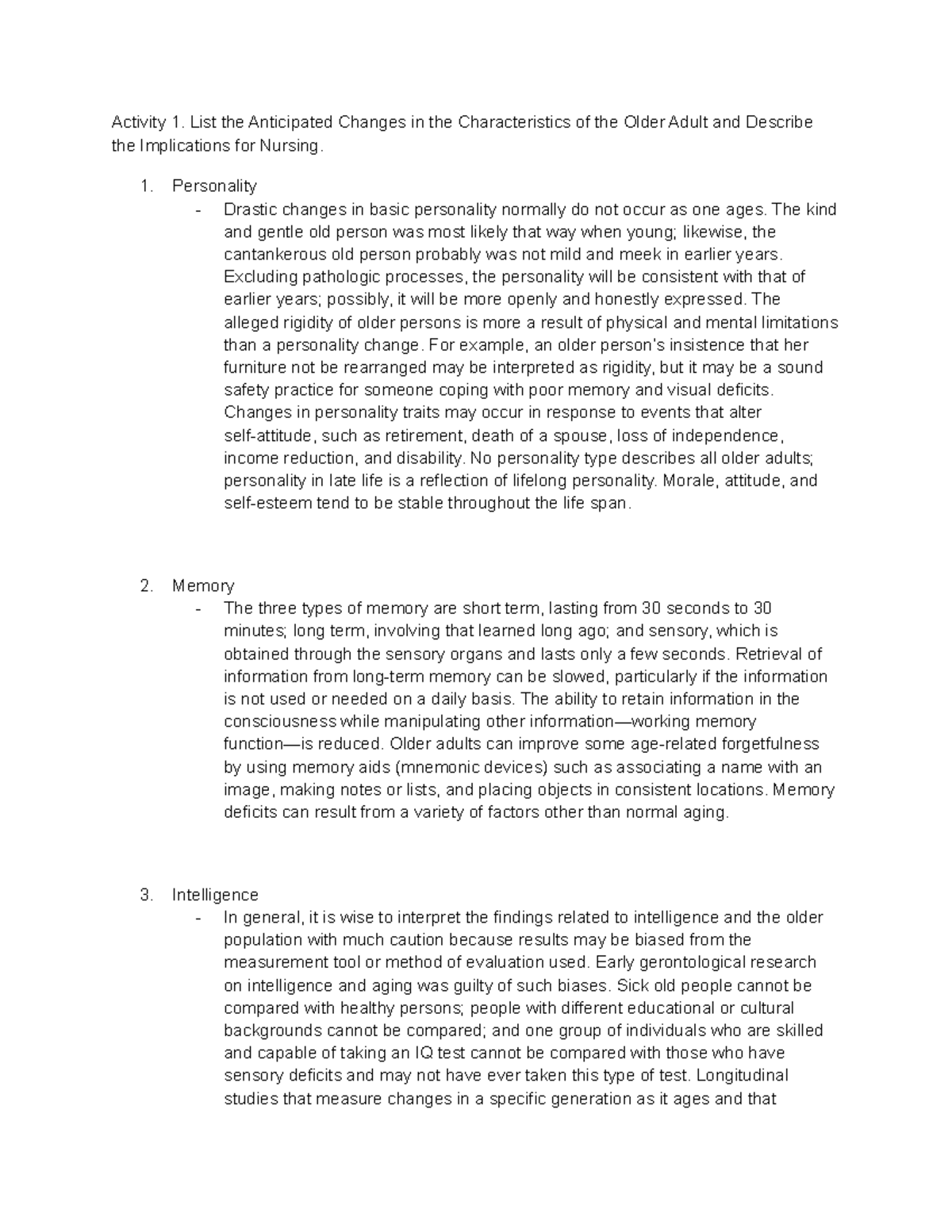 Characteristics OF Older Adult Activity - Activity 1. List the ...