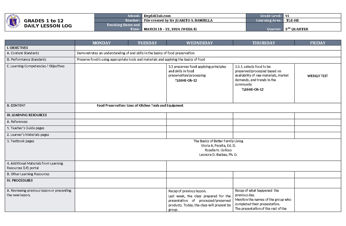 DLL TLE 6 Q3 W8 - Daily Lesson Log - GRADES 1 to 12 DAILY LESSON LOG ...