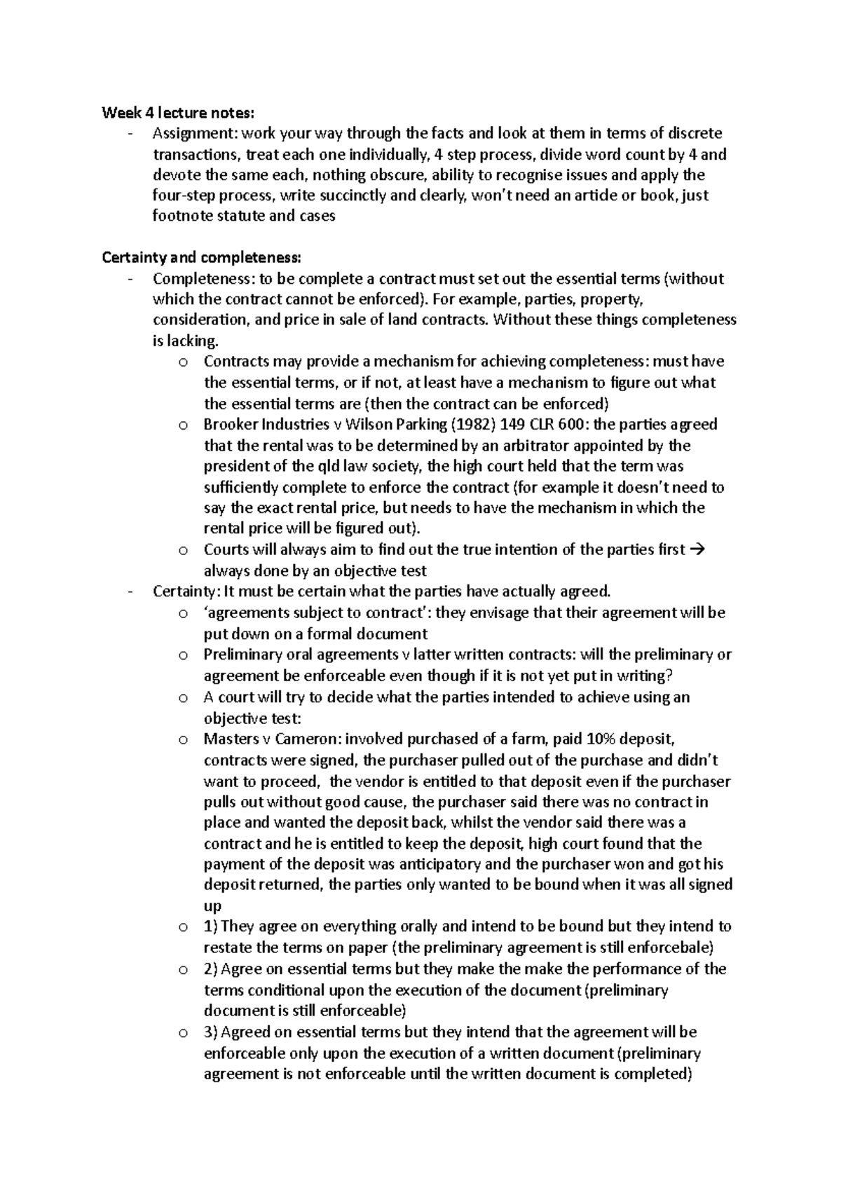 Week 4 Notes Contracts Week 4 Lecture Notes Assignment Work Your Way Through The Facts And