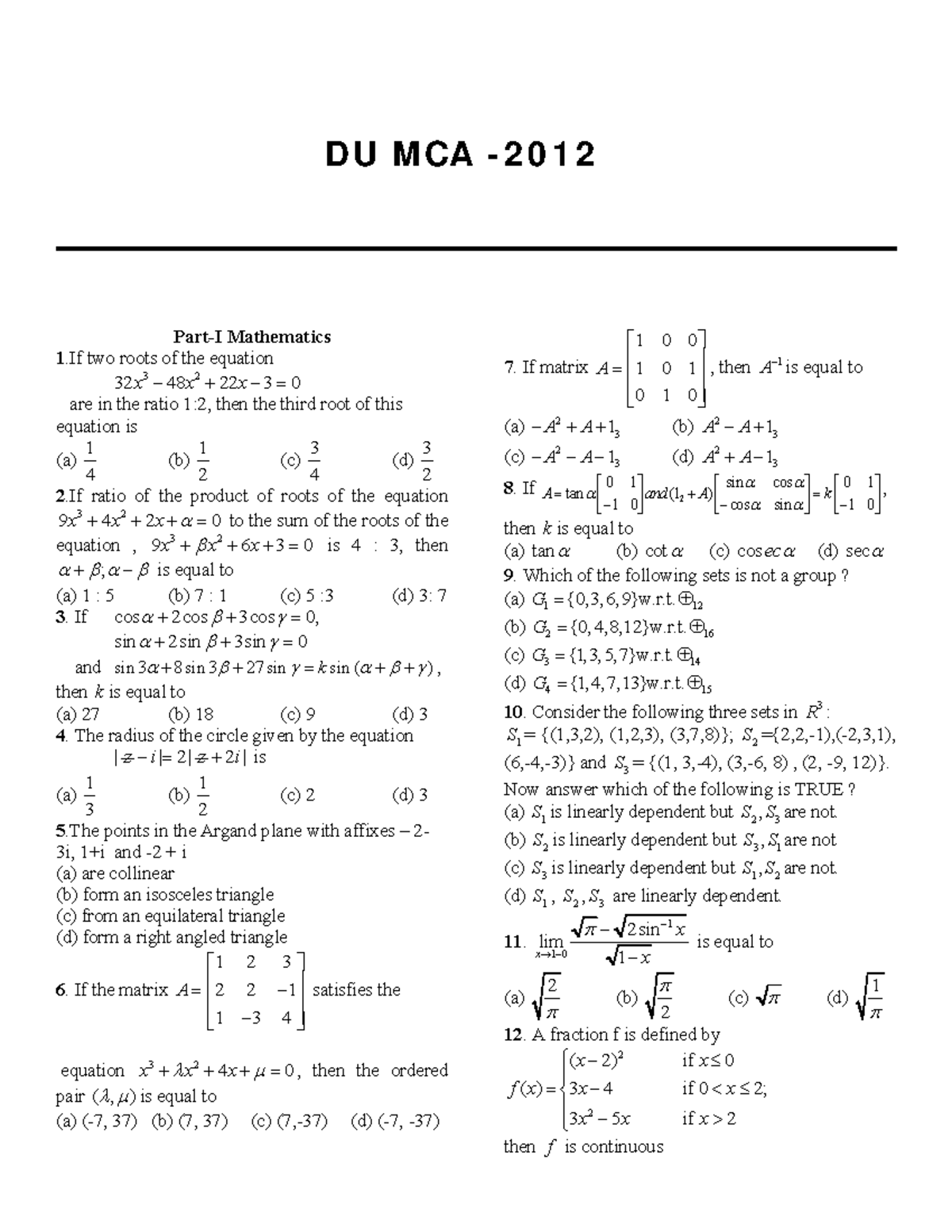 Du-mca-2012 - DU MCA - Part-I Mathematics 1 .If two roots of the ...
