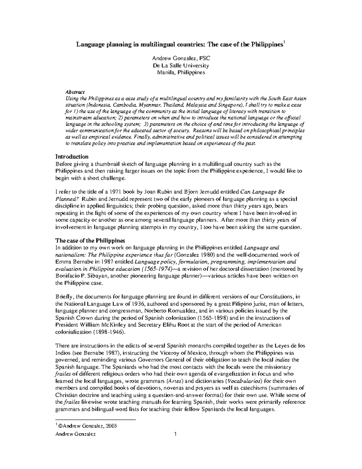 Language Planning in Multilingual Countries, The Case of the ...