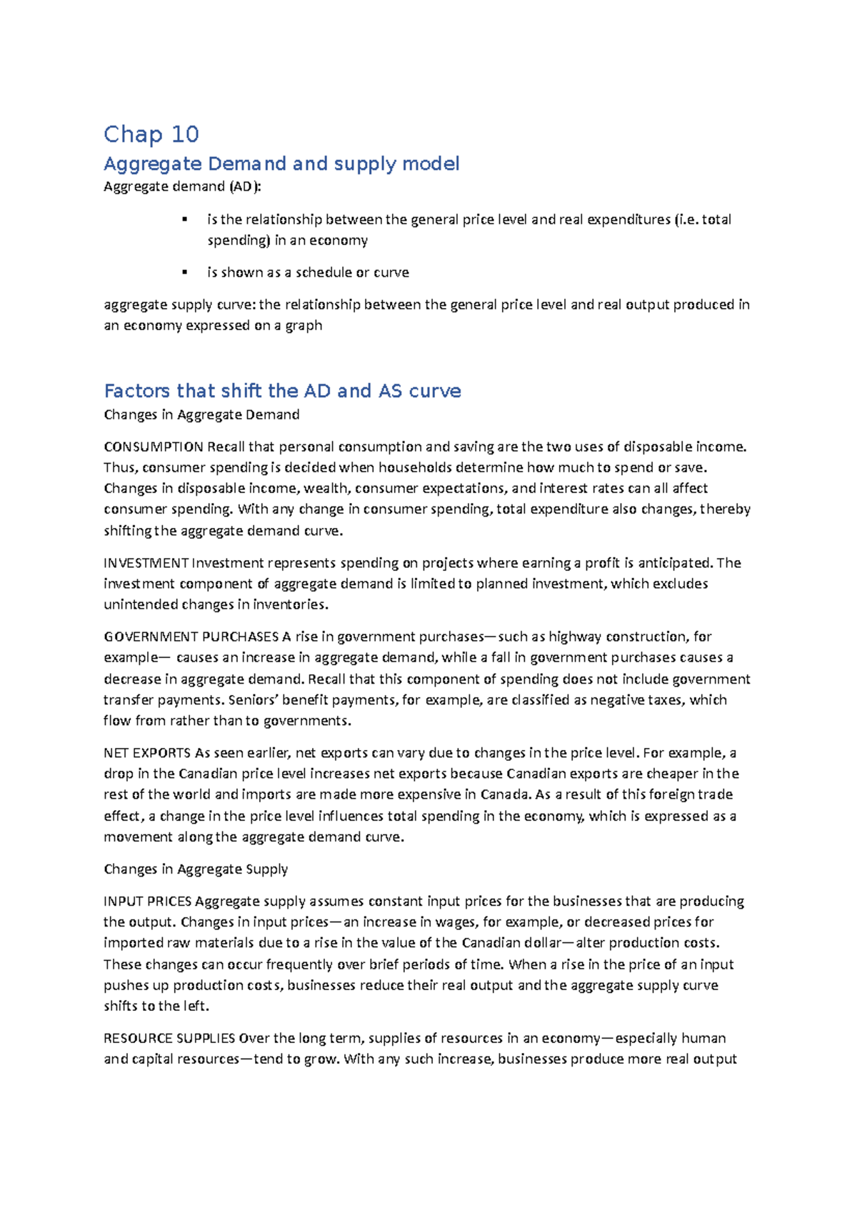 Economics Final Exam - Chap 10 Aggregate Demand and supply model ...