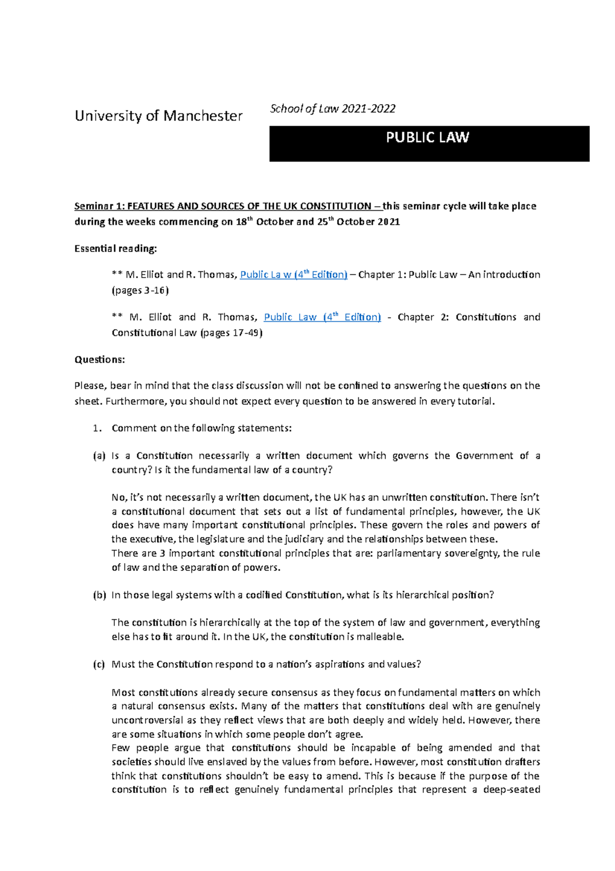 Public Law Seminar 1 Handout - University of Manchester School of Law ...