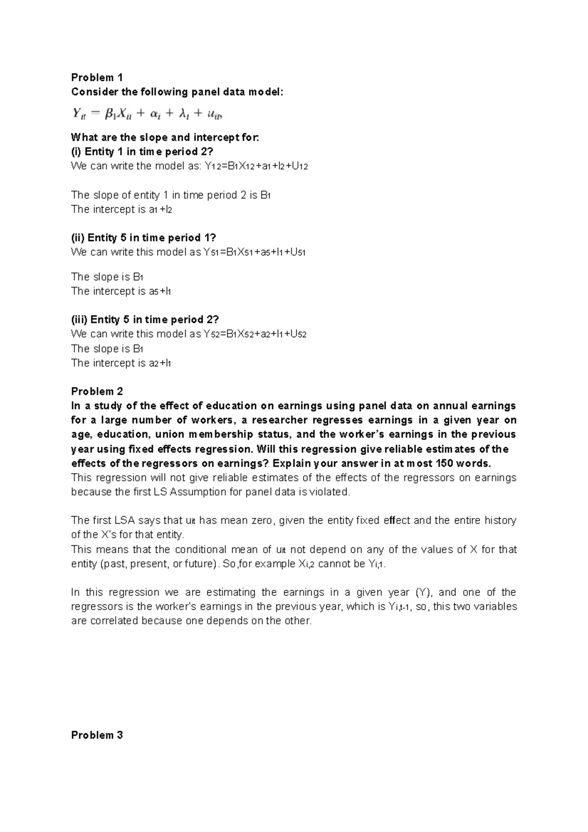 Econometrics II PS1 - ps1 - Problem 1 Consider the following panel data model: What are the ...