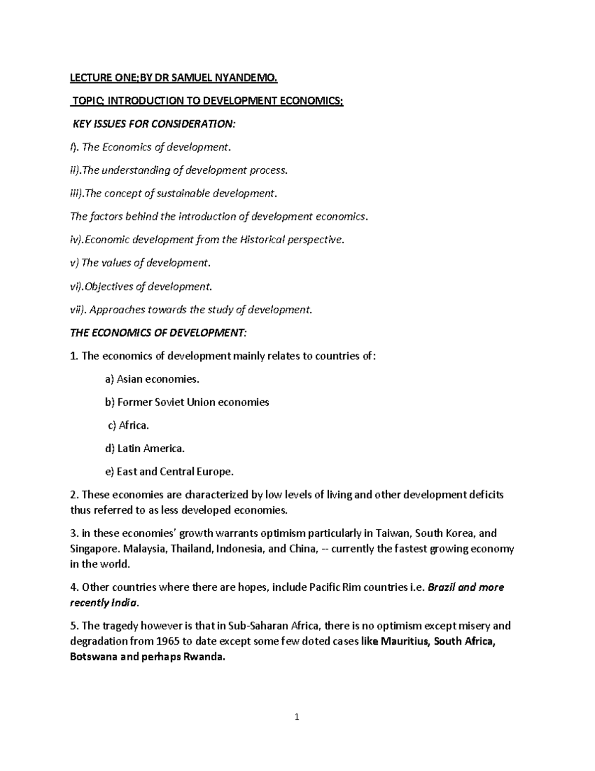 Development Lecture note - LECTURE ONE;BY DR SAMUEL NYANDEMO. TOPIC ...