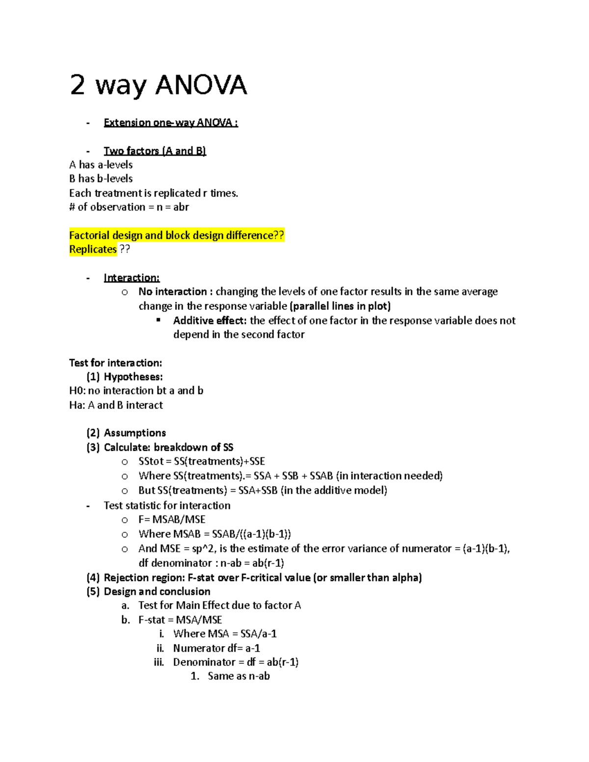 Notes - 2 way Anova - 2 way ANOVA Extension one-way ANOVA : Two factors ...