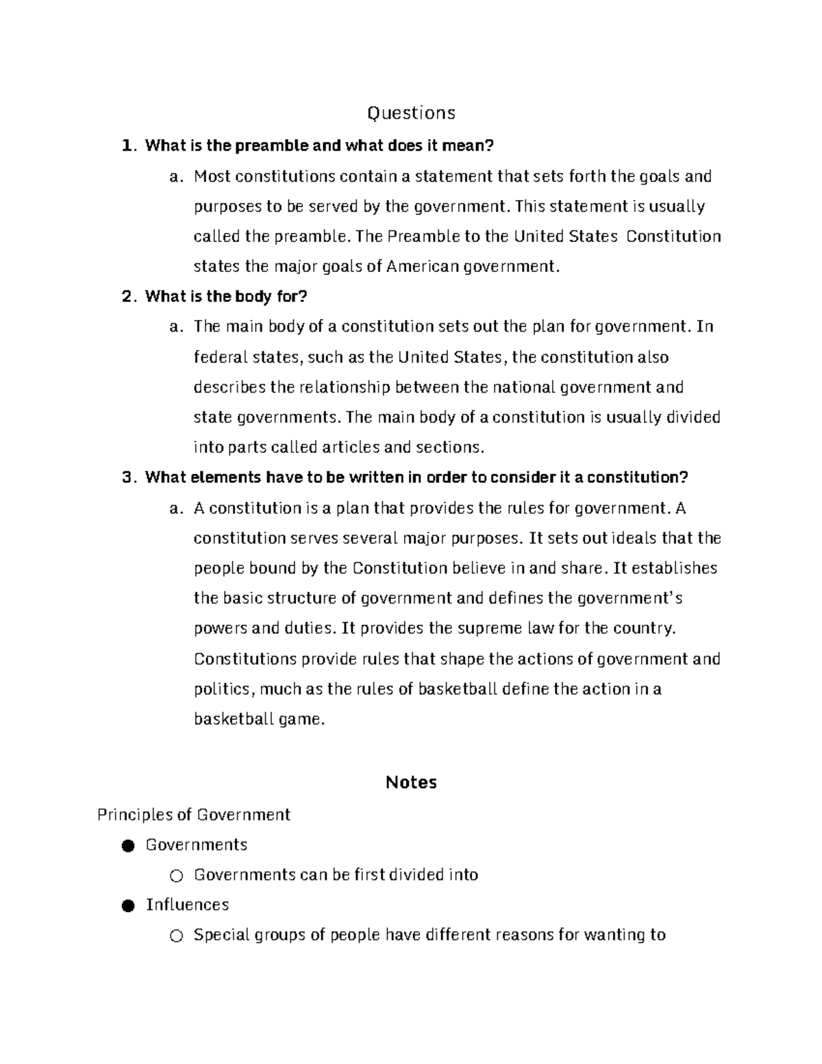 Government Questions Notes - Questions What is the preamble and what ...