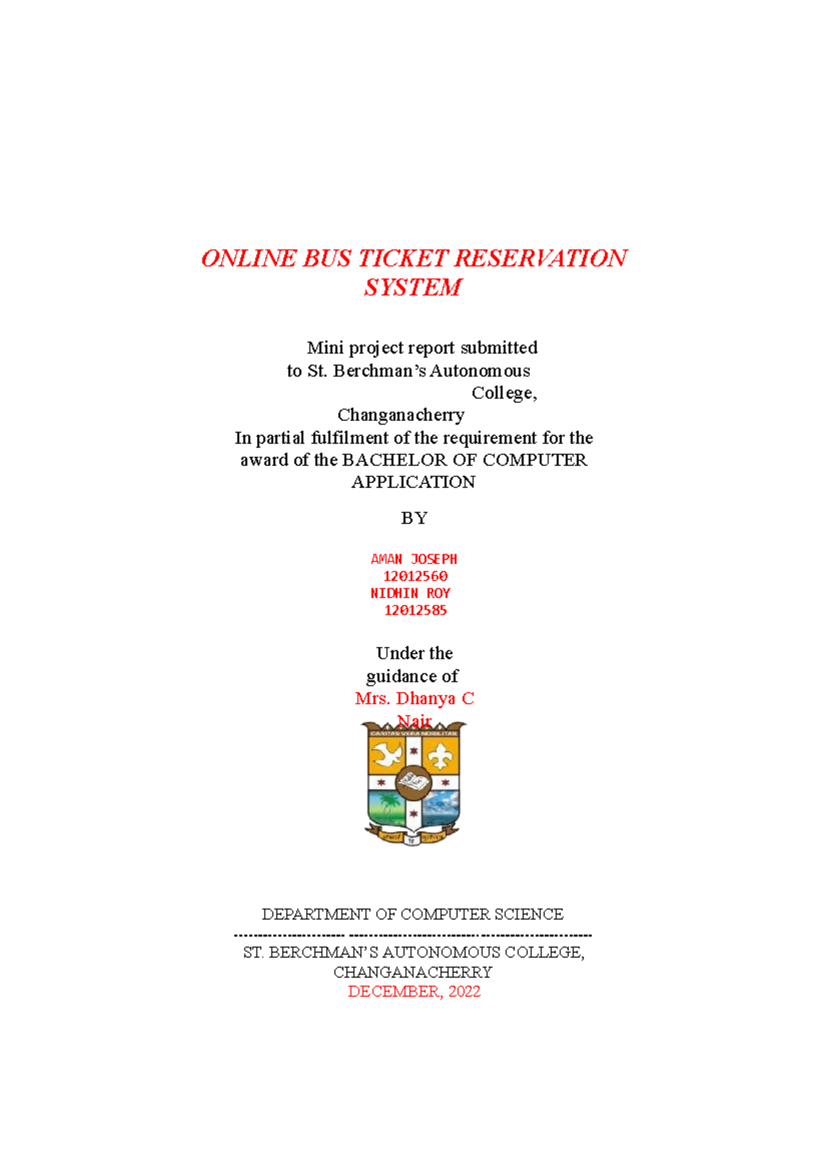 Nodadroy - ONLINE BUS TICKET RESERVATION SYSTEM Mini project report ...