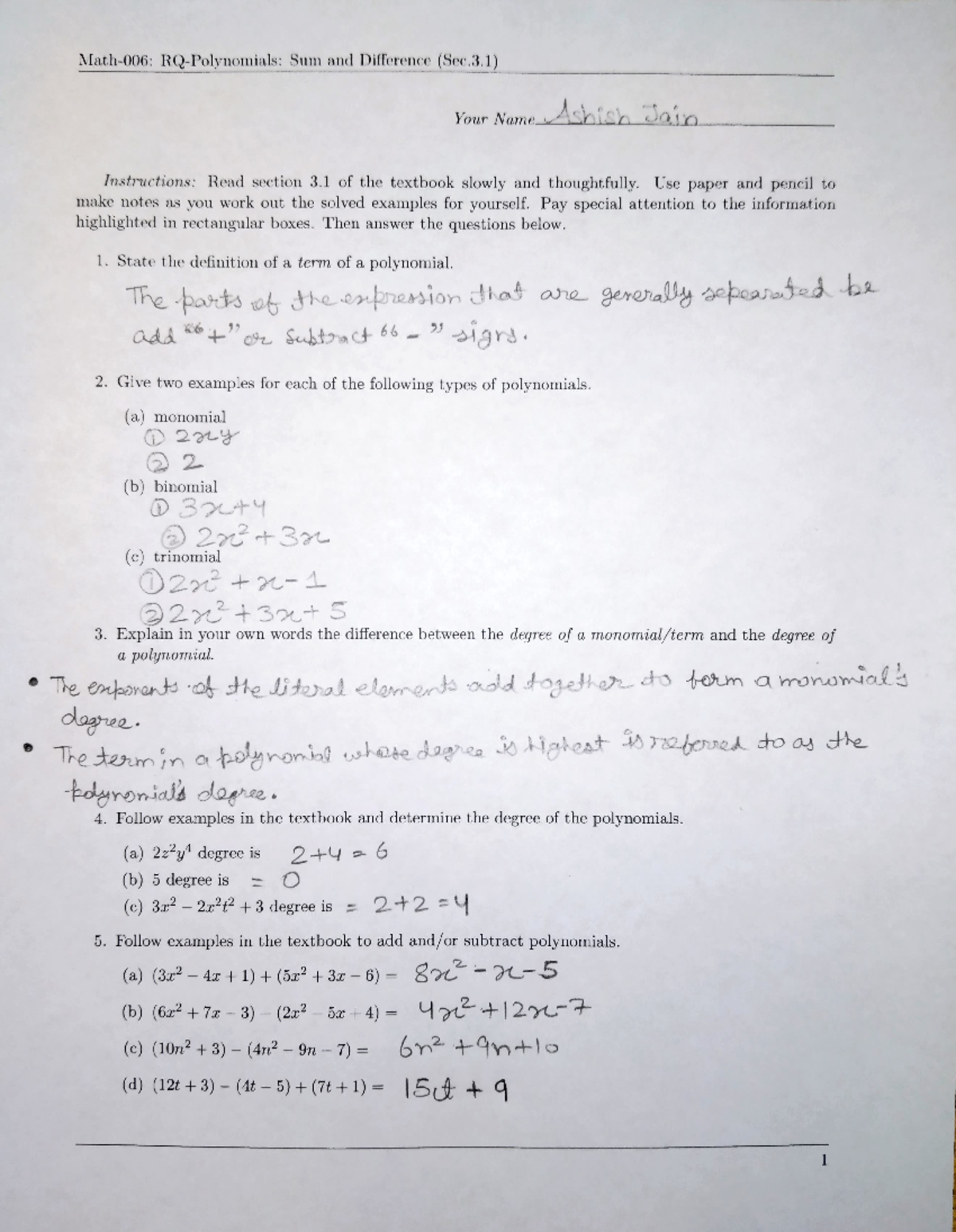 RQ3 - Reading Questions Homework - Math-006: RQ-Polynomials: Sum and ...