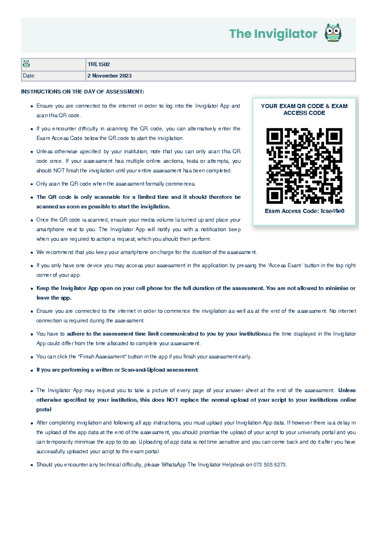 QR Code and Student Instruction document-THL1502 - YOUR EXAM QR CODE ...