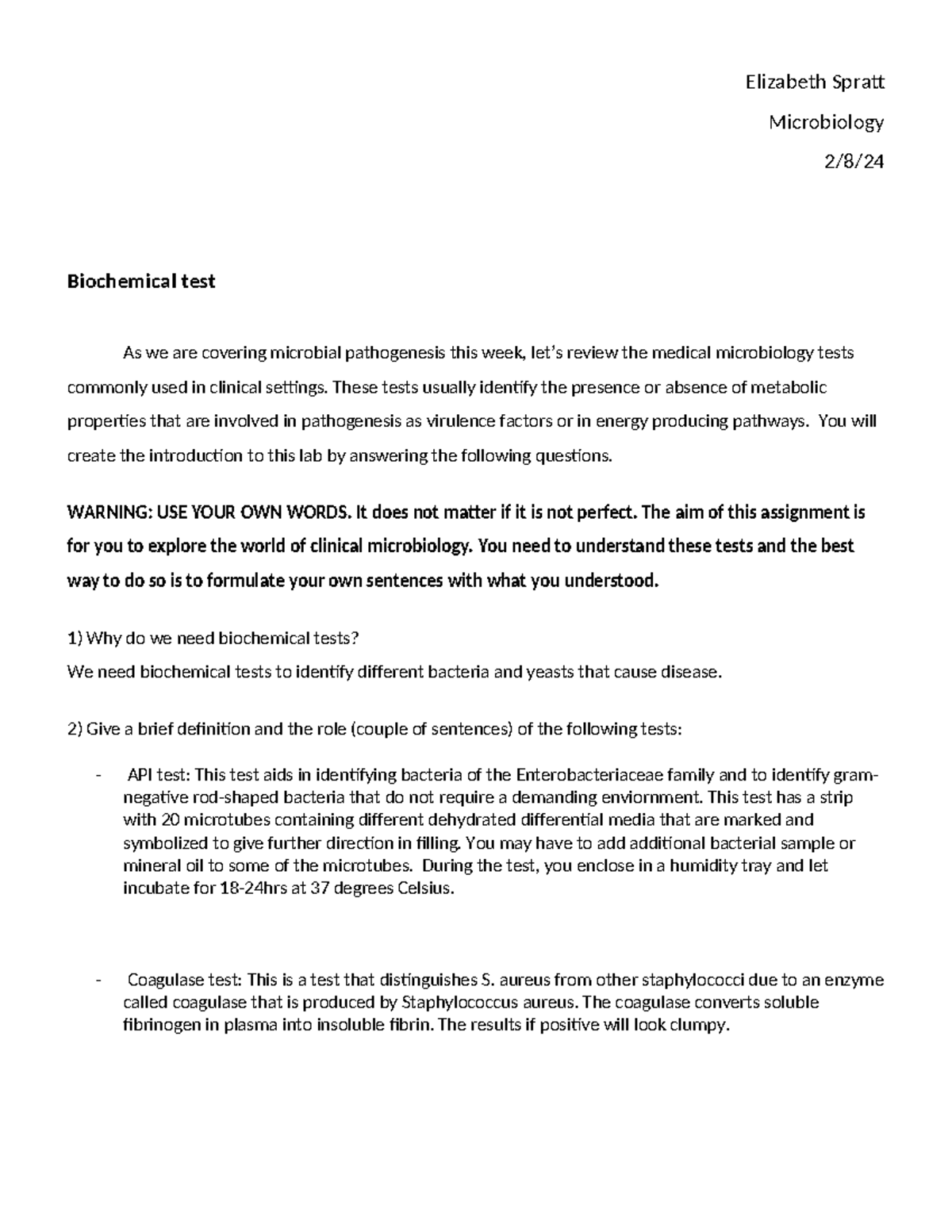 Lab Biochemical Test Assignment - Elizabeth Spratt Microbiology 2/8 ...