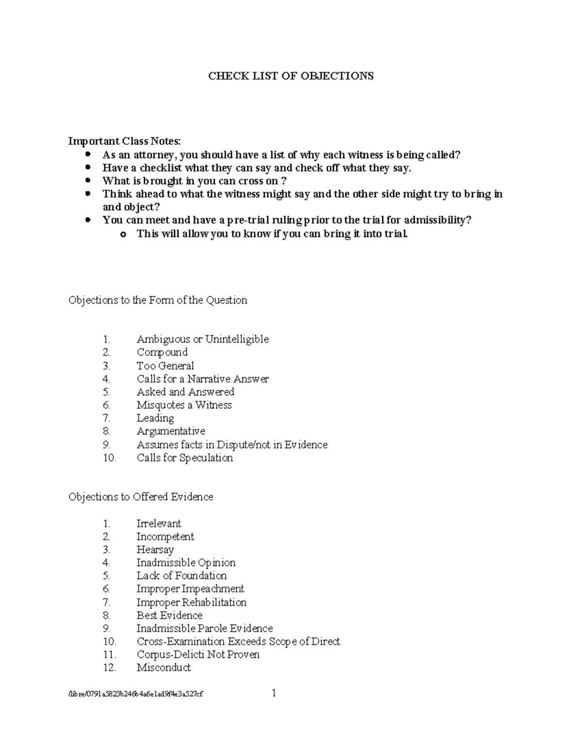 Check Listof Objections - CHECK LIST OF OBJECTIONS Important Class ...