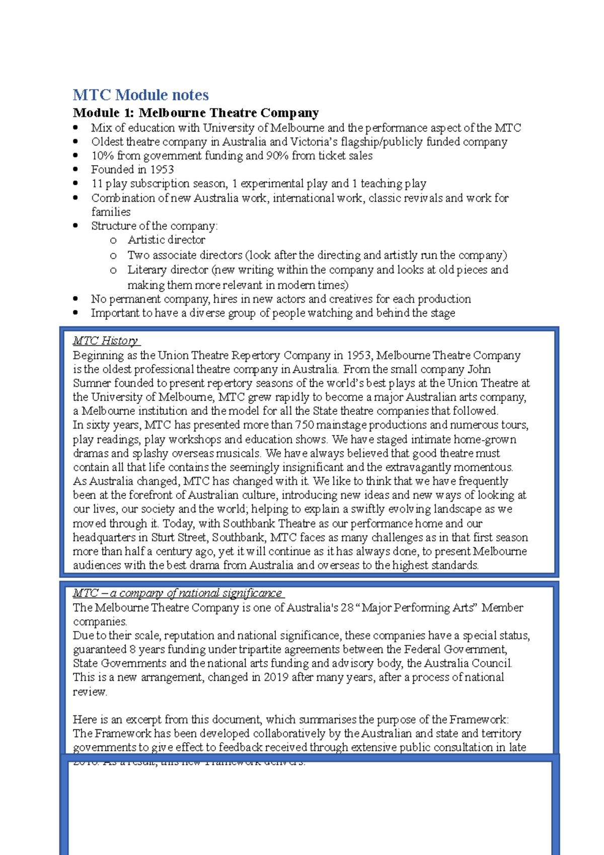 MTC Module notes - MTC Module notes Module 1: Melbourne Theatre Company ...