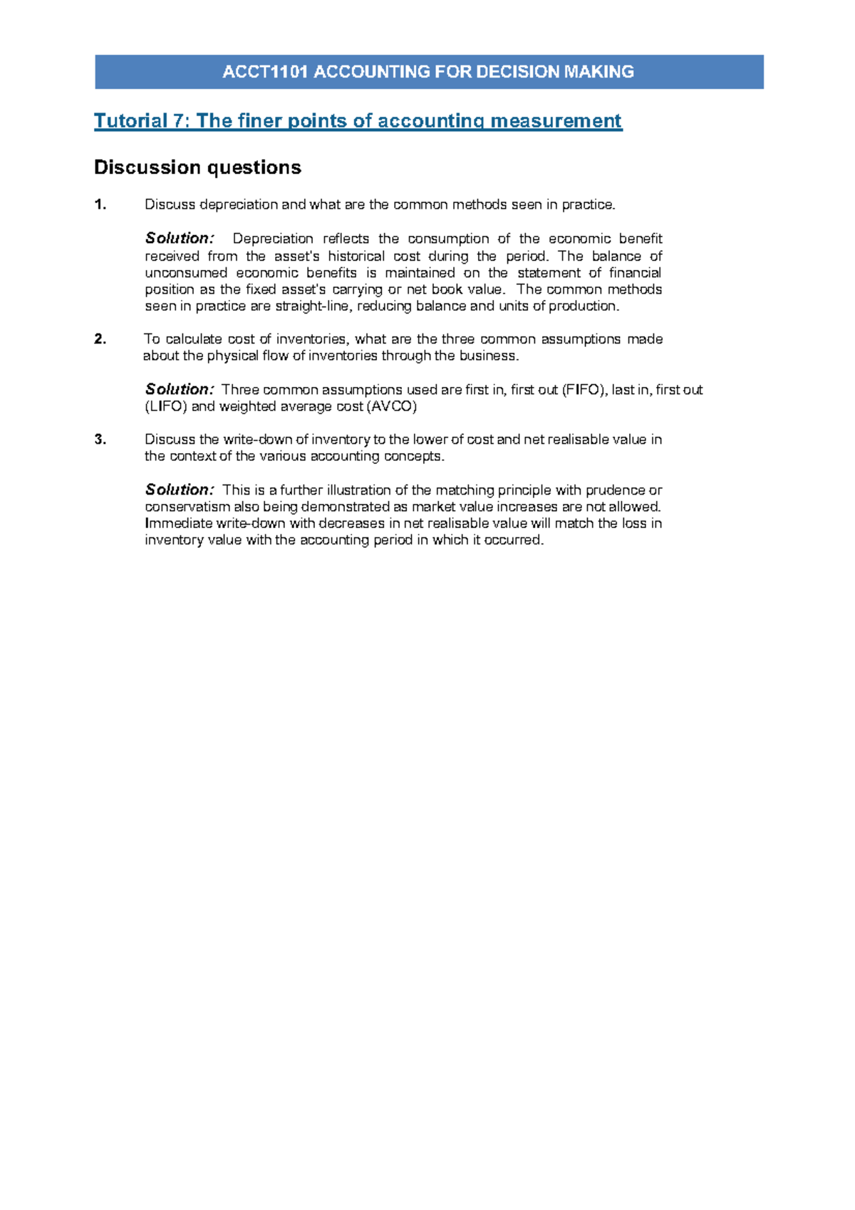 Tutorial 7 solutions - Tutorial 7: The finer points of accounting ...