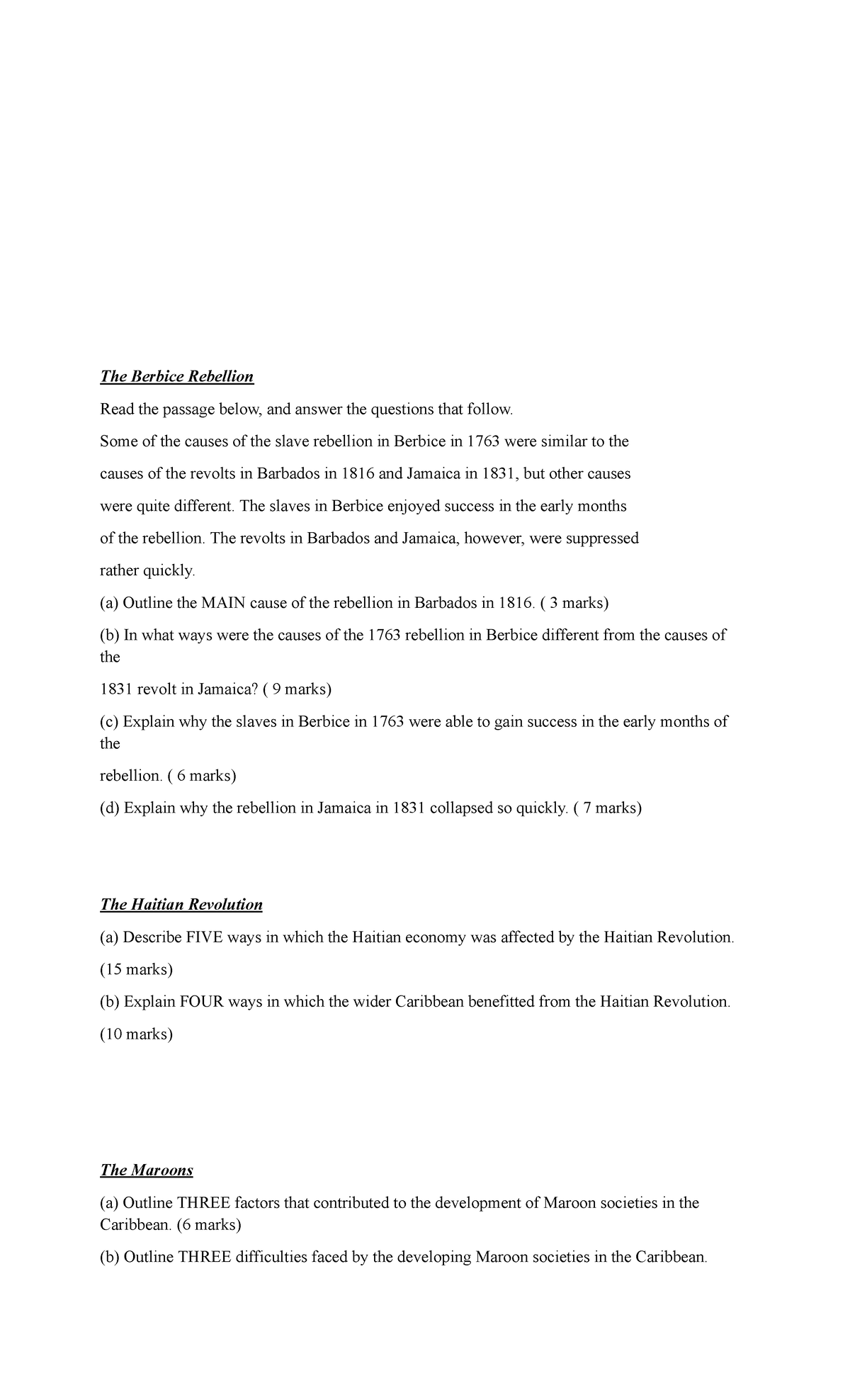 2005-2021 Resistance and Revolt PPQ - Caribbean History Unit 3 ...