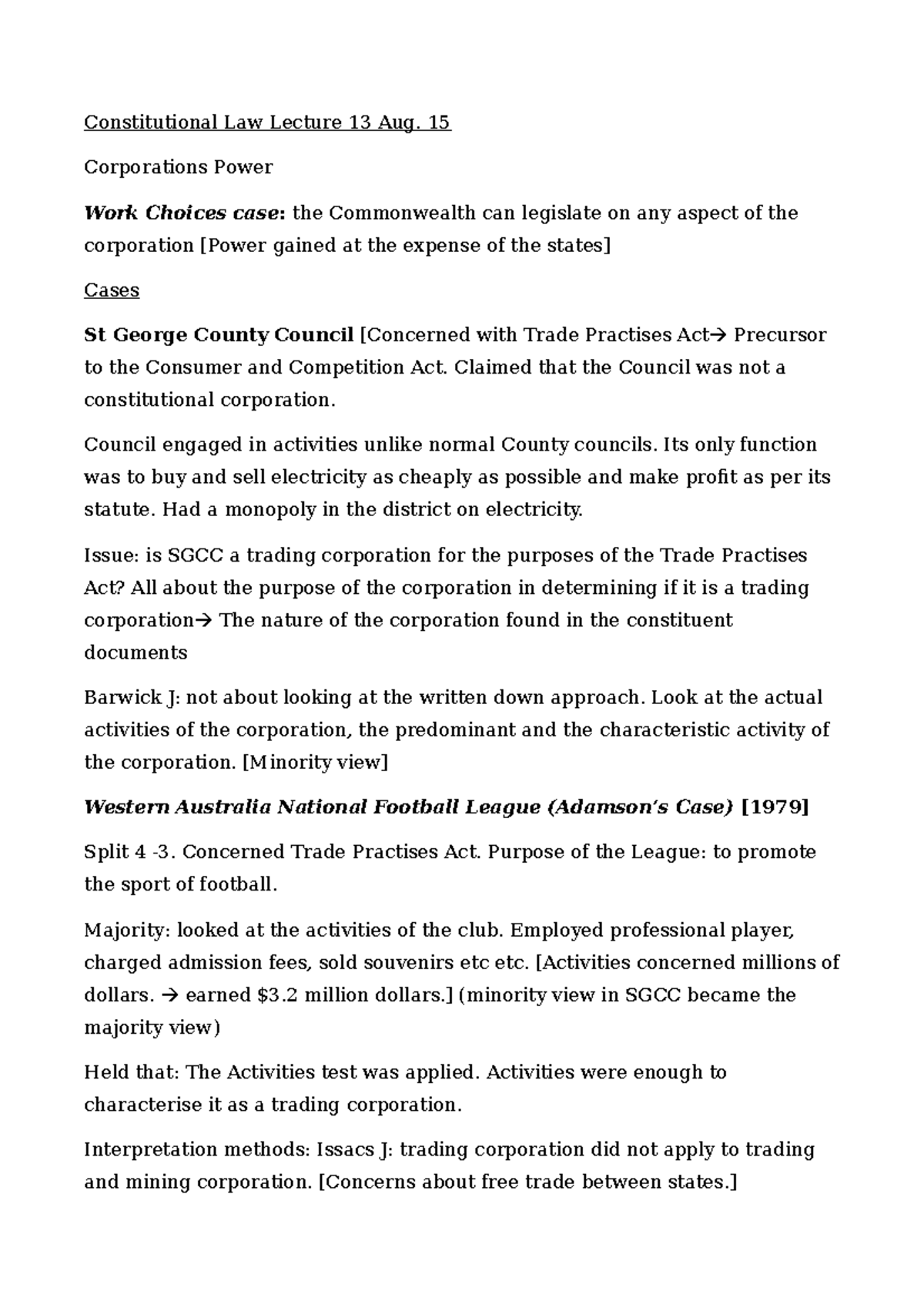 Constitutional Law Lecture 13 Aug - 15 Corporations Power Work Choices ...