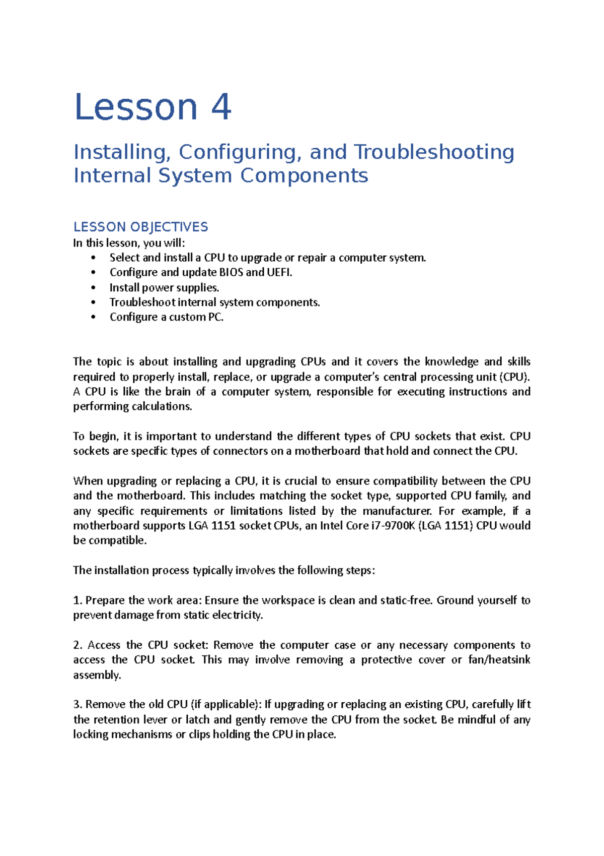 Lesson 4 Summary - A+ - Lesson 4 Installing, Configuring, and ...