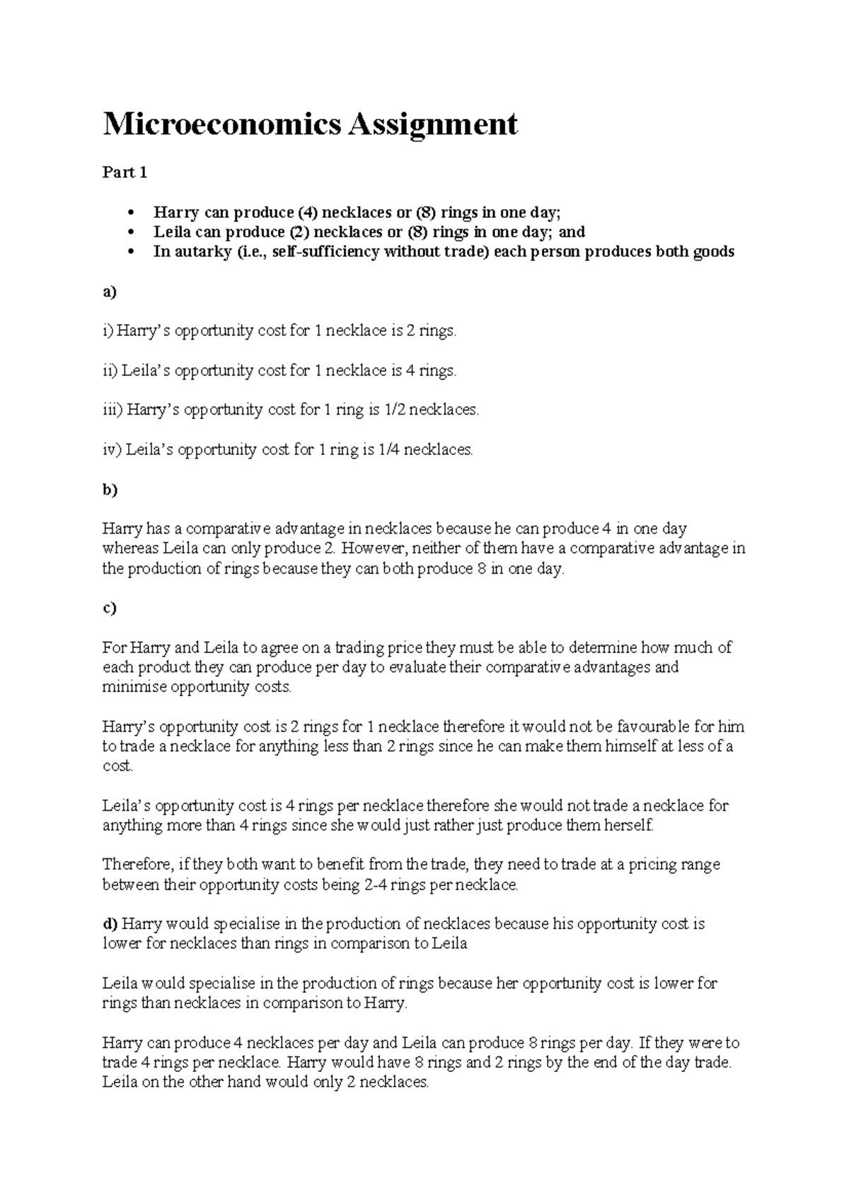 Microeconomics Assignment - , self-sufficiency without trade) each ...