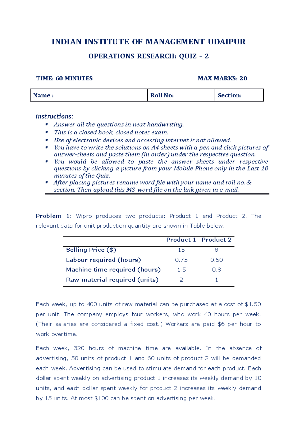 OR-Quiz2-Question Paper-MBA 21-22 - INDIAN INSTITUTE OF MANAGEMENT ...