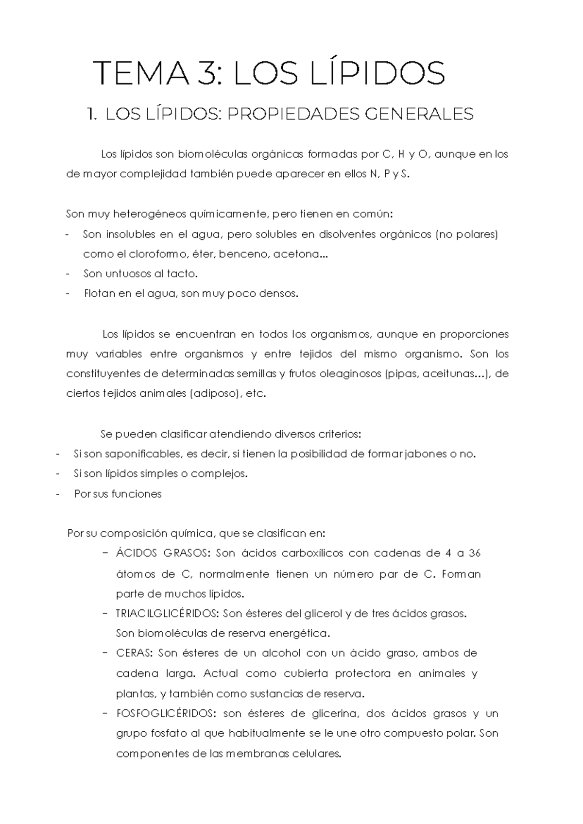 TEMA 3 LOS Lipidos - pulo - TEMA 3: LOS LÍPIDOS 1. LOS LÍPIDOS: PROPIEDADES GENERALES Los ...