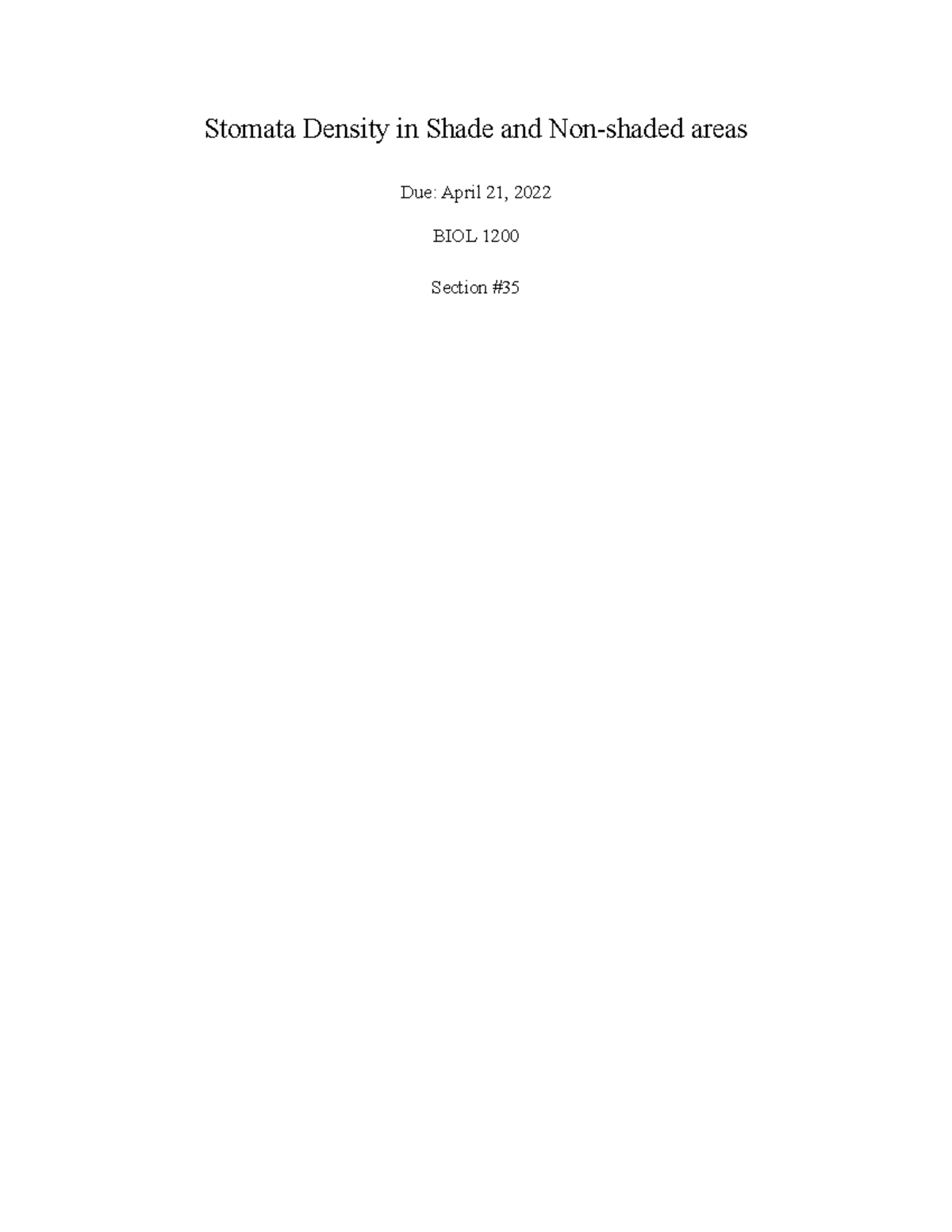 Stomata lab report - Stomata Density in Shade and Non-shaded areas Due ...