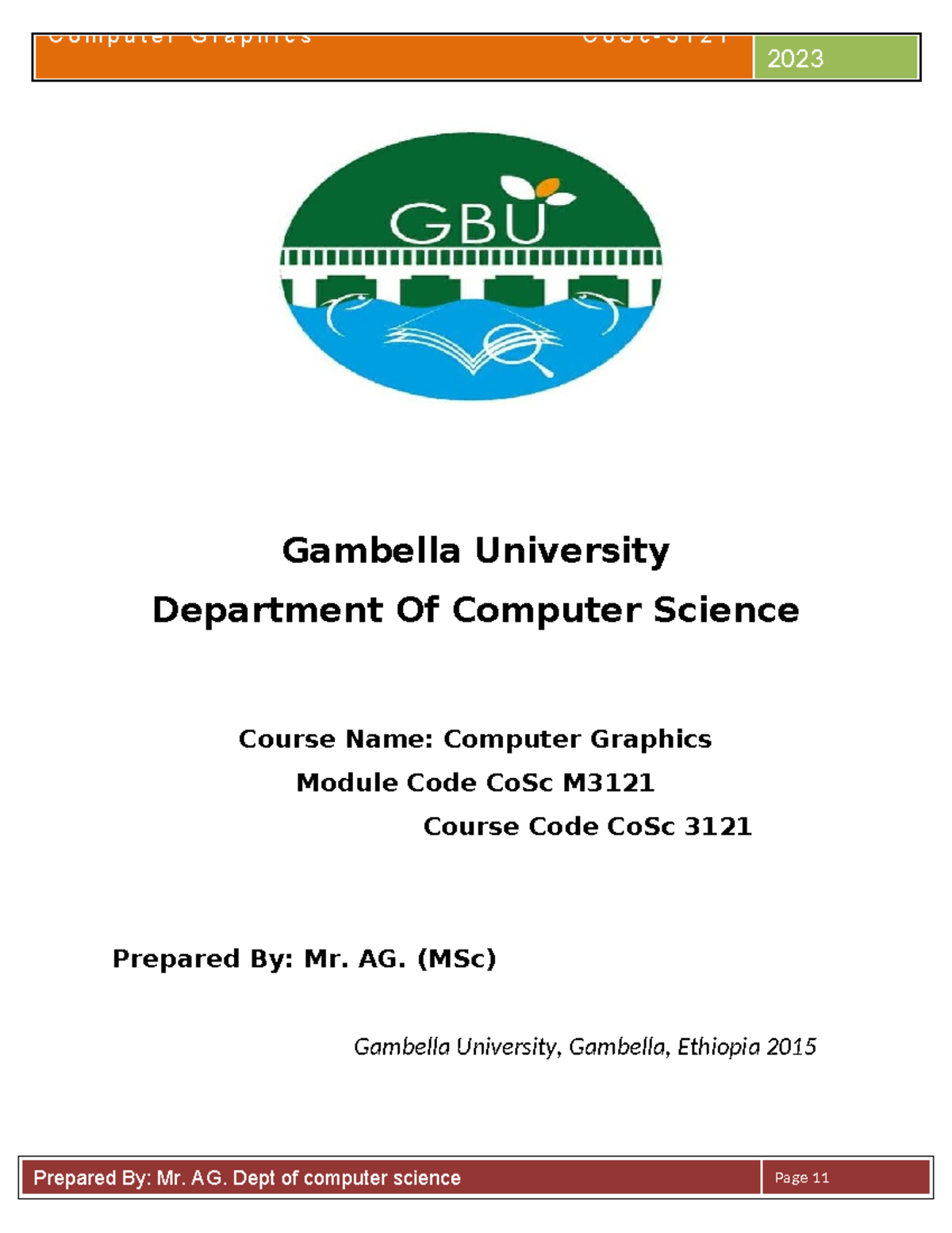 Computer graphis hand out 2 - 2023 Gambella University Department Of Computer Science Course ...