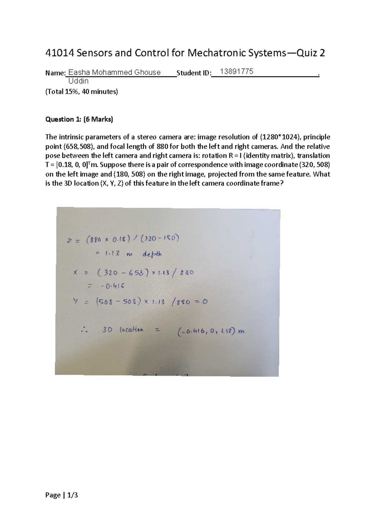 Quiz2 Easha - Sensors and Control for Mechatronic Systems Quiz 2 - Page ...