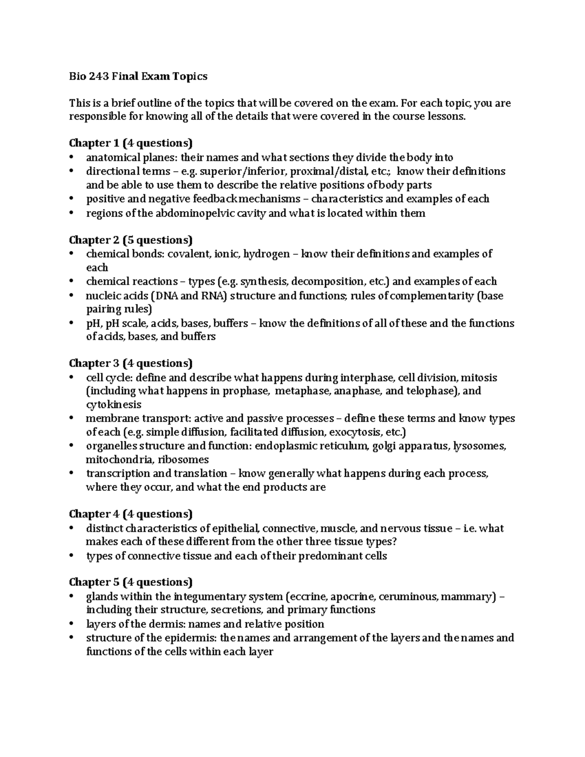 Final exam topics - Bio 243 Final Exam Topics This is a brief outline ...