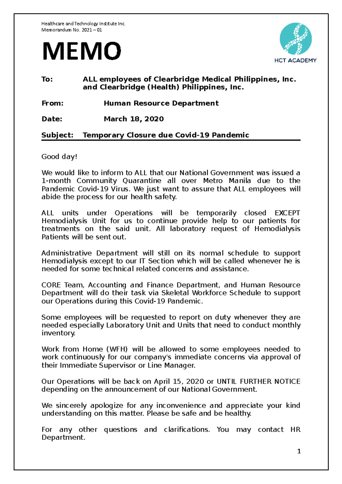 HCT Memo-2021-00 - operation management subject - Healthcare and ...