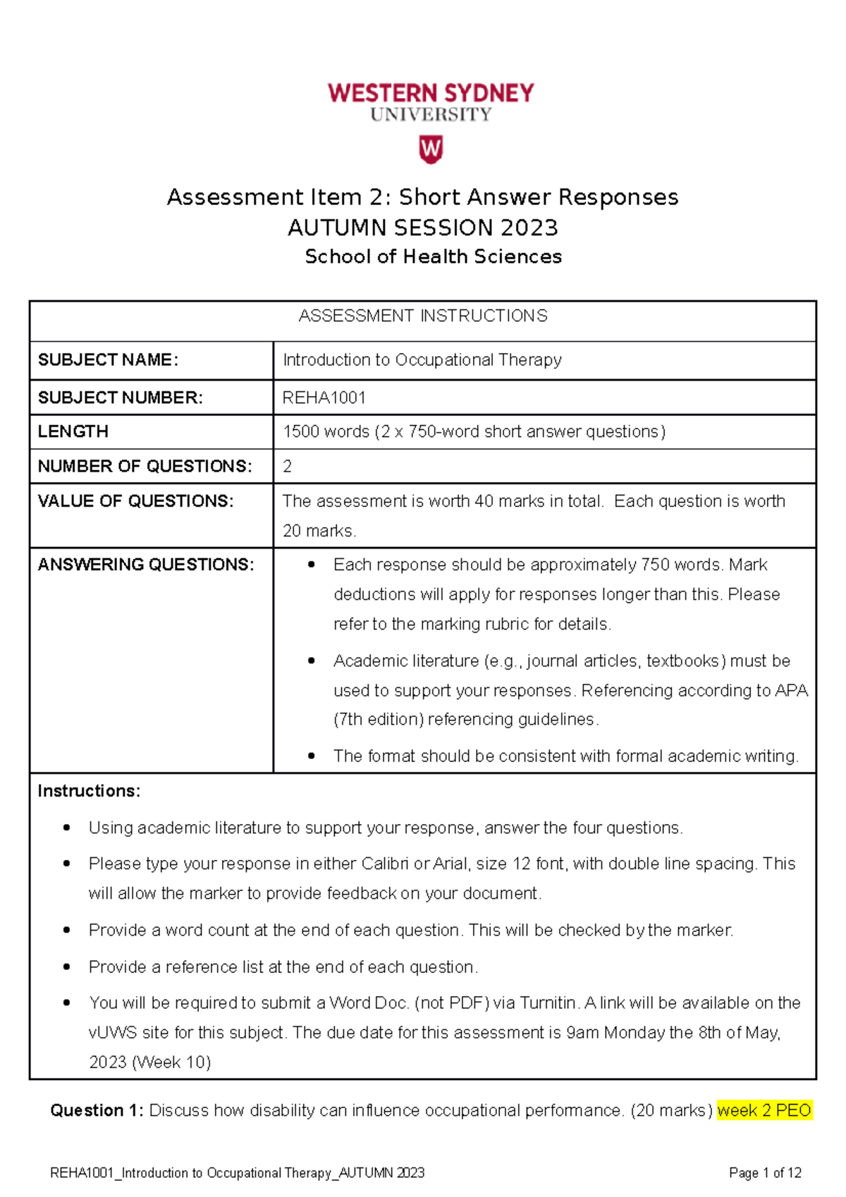 OT ass 2 - the occupational therapy assessment 2 - Assessment Item 2 ...