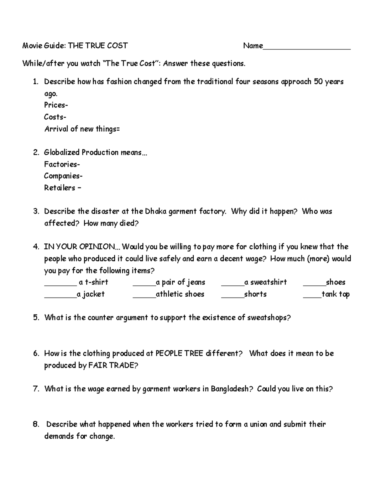 The True Cost - Student Worksheet - Movie Guide: THE TRUE COST Name ...