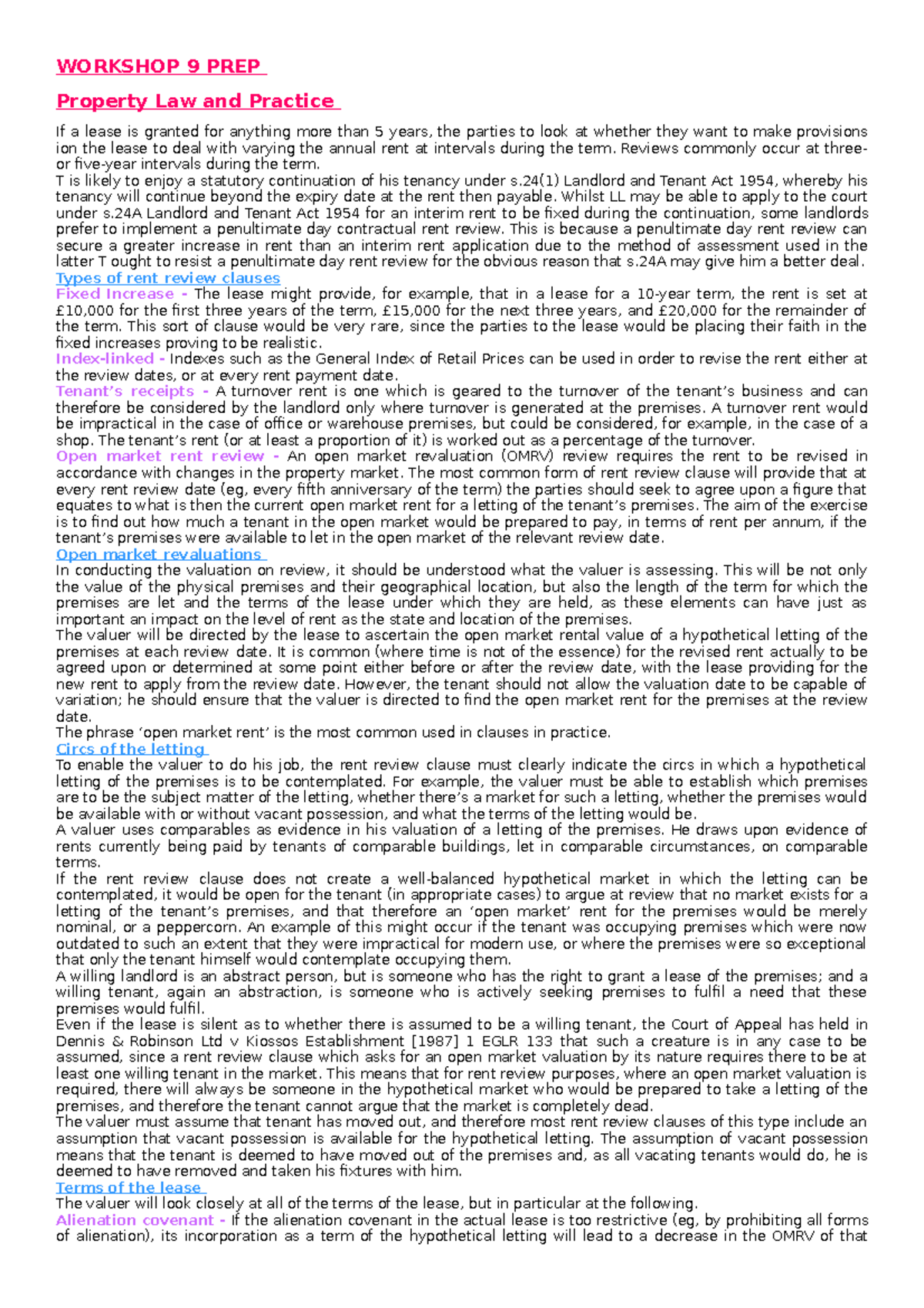 Workshop 9 PREP - WORKSHOP 9 PREP Property Law and Practice If a lease ...