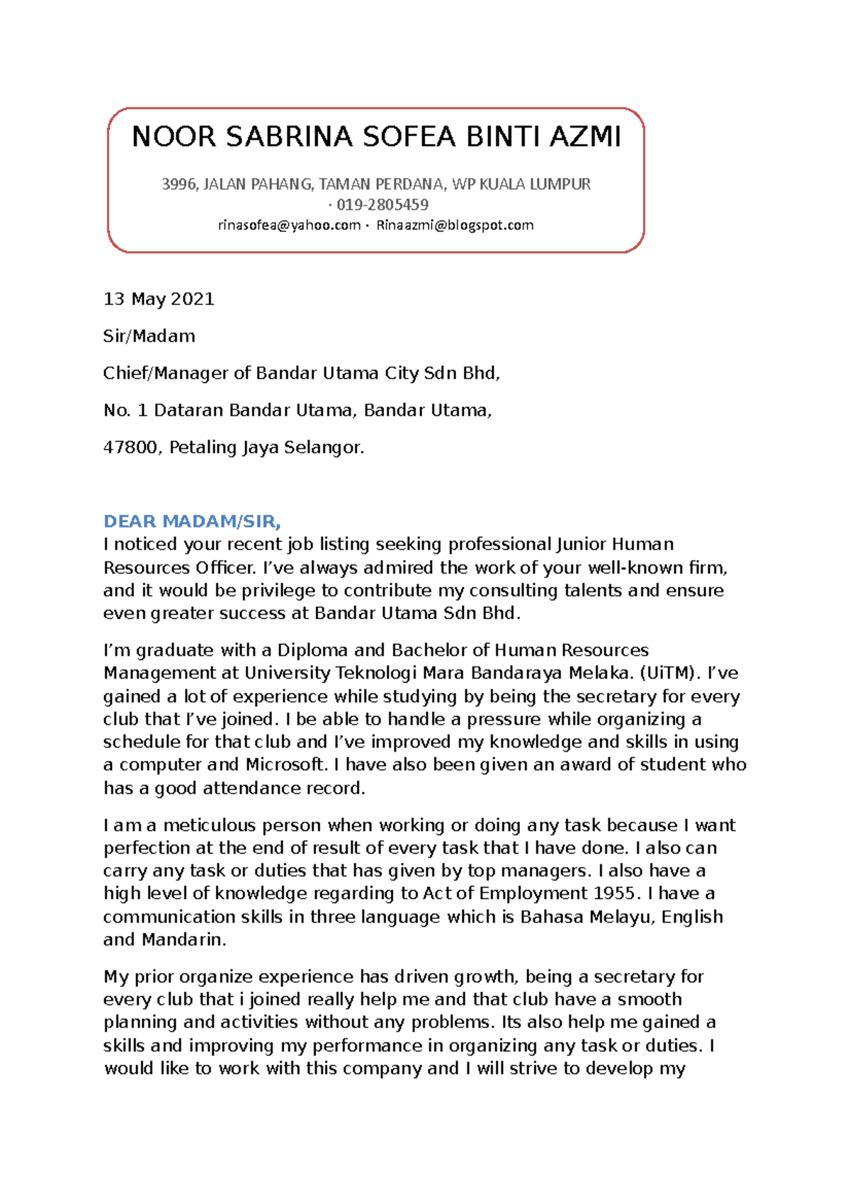 Cover Letter (ASM Assignment) - 13 May 2021 Sir/Madam Chief/Manager of ...