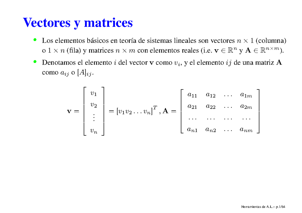 Algebra Lineal - apoyo docente - Vectores y matrices Los elementos ...