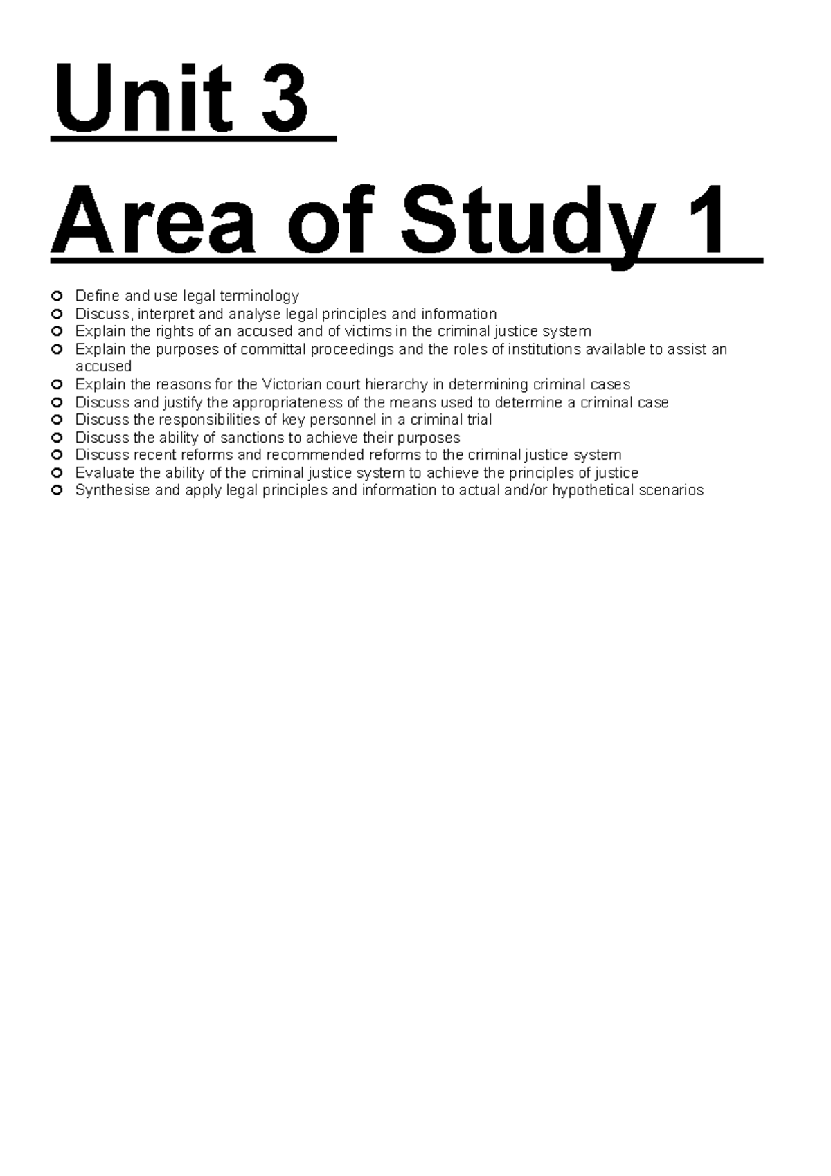 VCE Legal studies UNIT 3 NOTES - Unit 3 Area of Study 1 Define and use ...