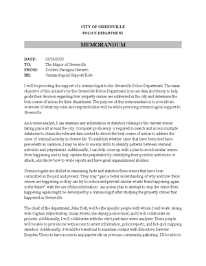 CJ 306 Project Three Memo - CITY OF GREENVILLE POLICE DEPARTMENT ...