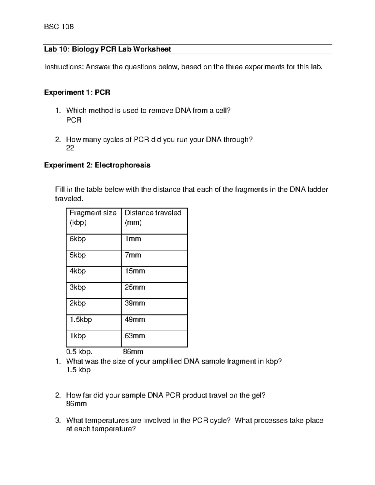 Lab 10 Biology PCR Worksheet - BSC 108 Lab 10: Biology PCR Lab ...